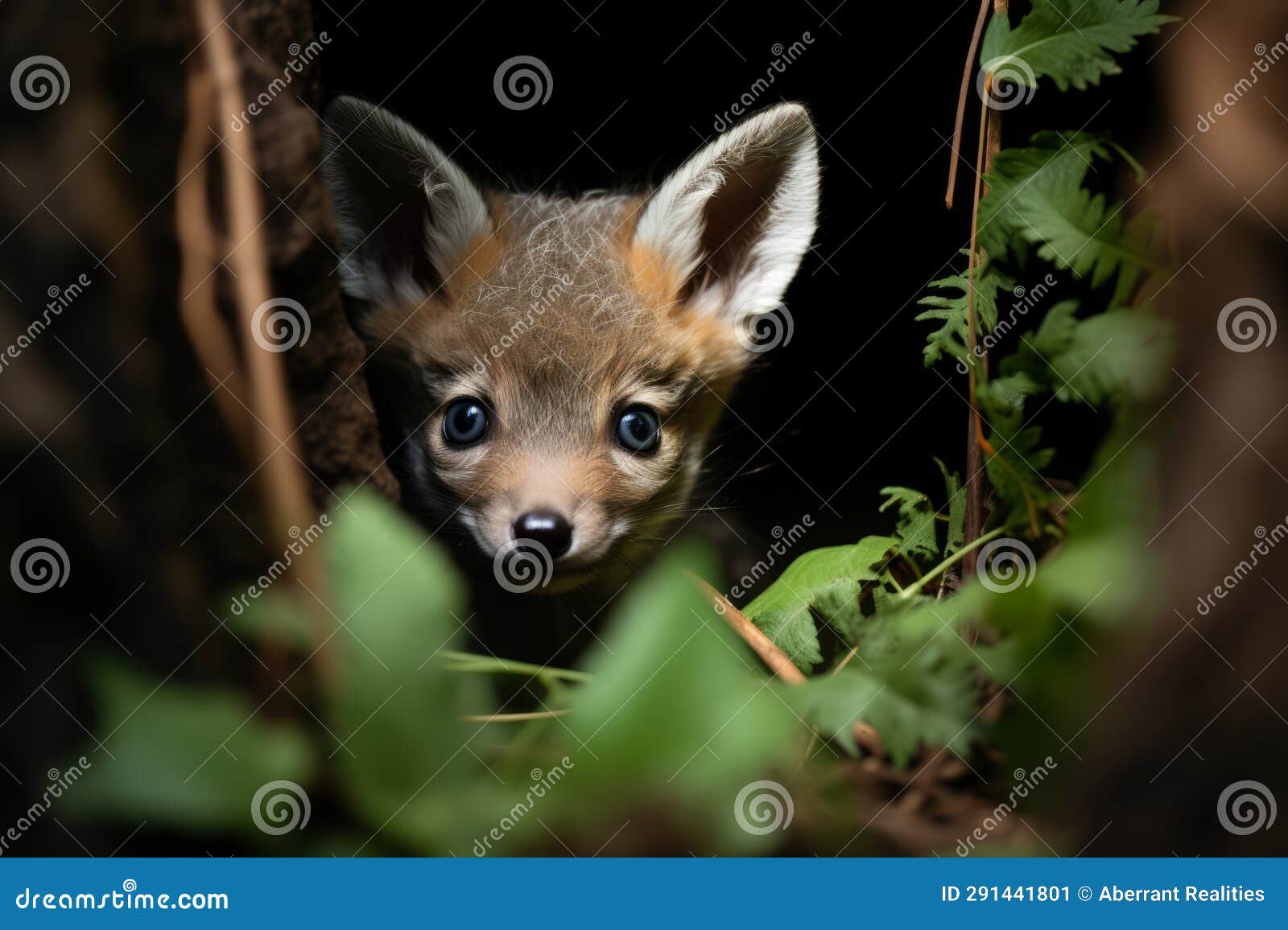A Baby Fox Peeking Out from Behind a Tree Stock Image - Image of green ...