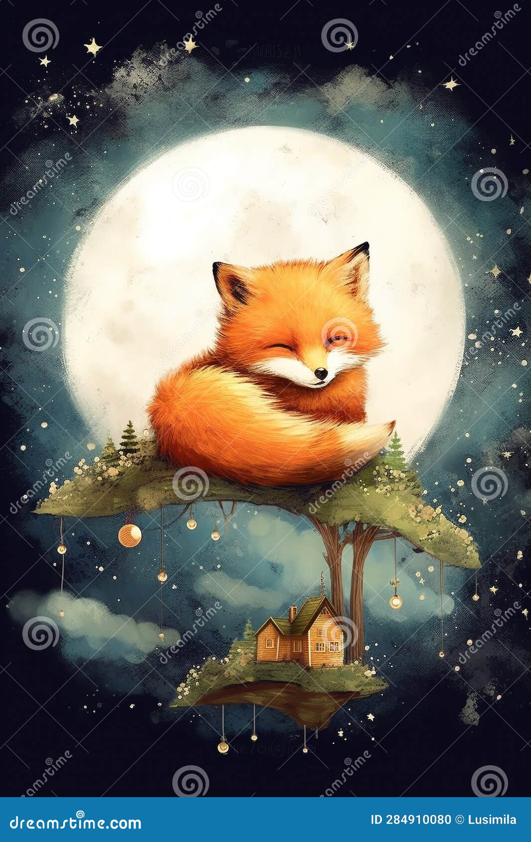 Baby Fox Sleeping on the Moon Stock Illustration - Illustration of ...
