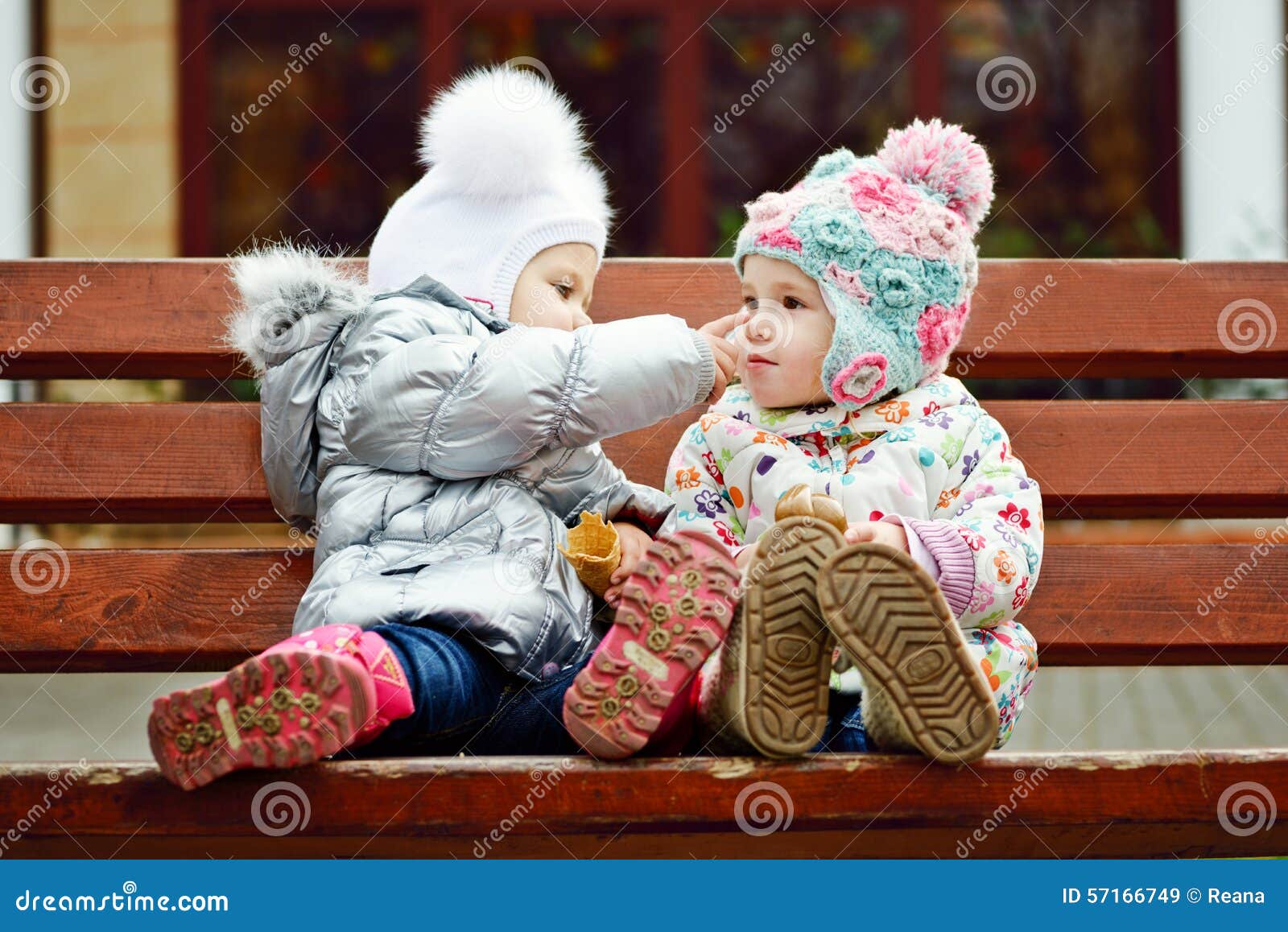 Baby friends on the bench stock image. Image of outdoors - 57166749