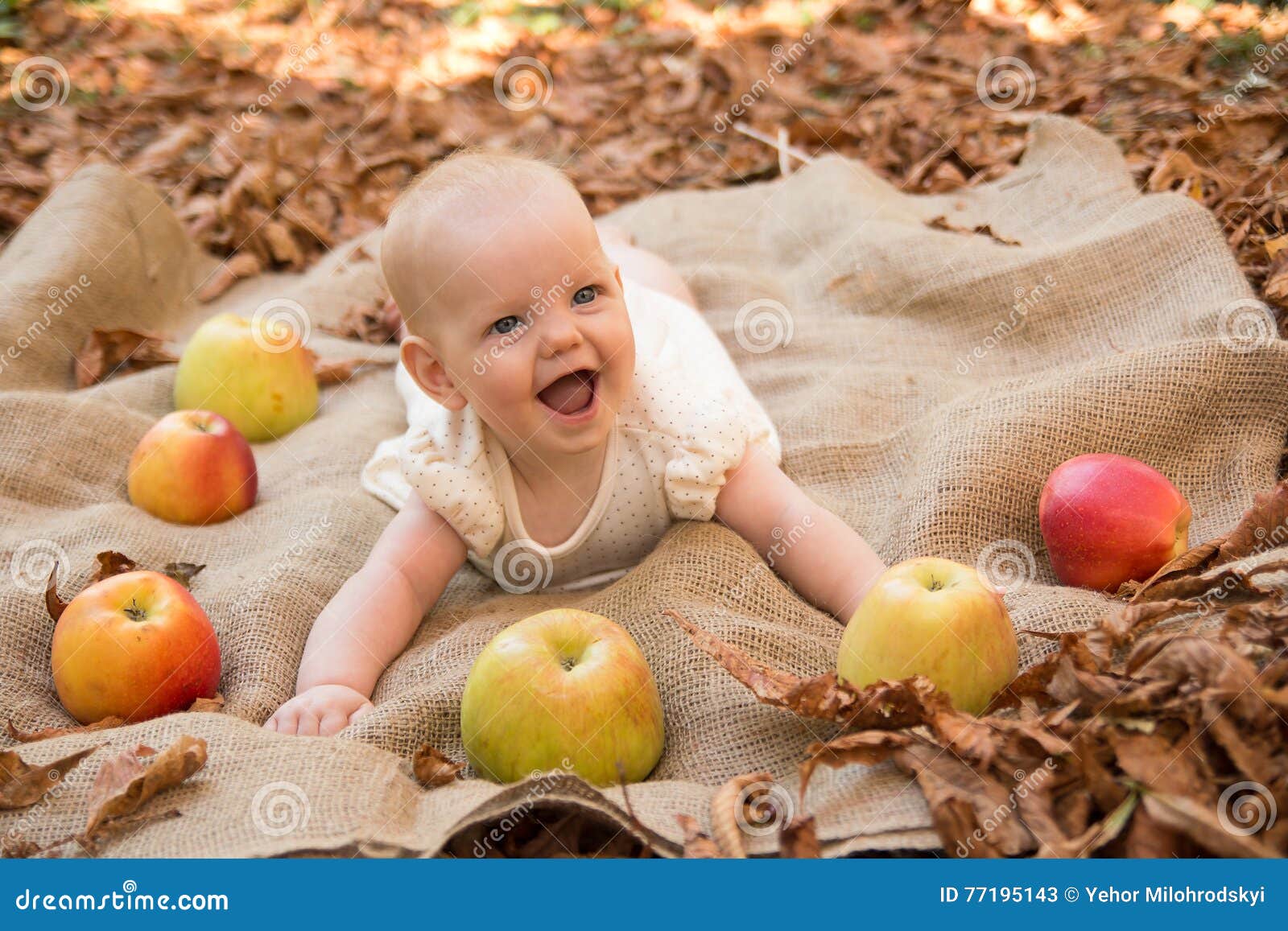 Baby girl with apples stock image. Image of apples, dress - 77195143