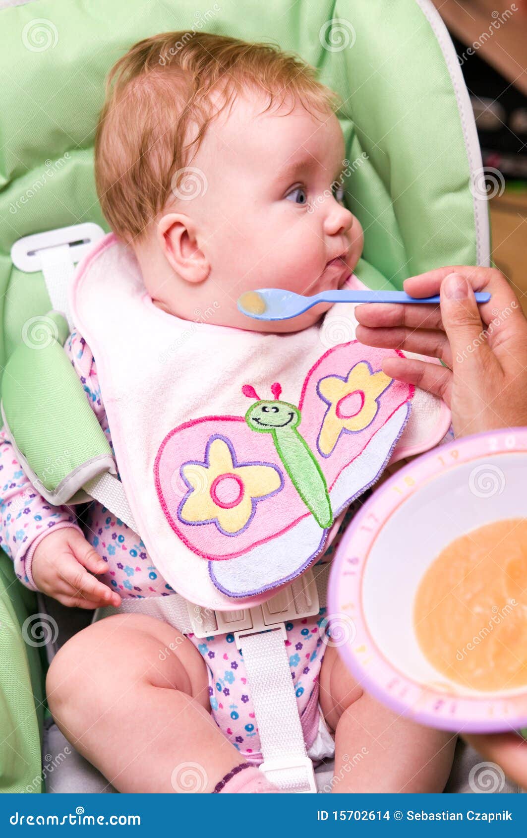 Baby girl being fed stock photo. Image of food, looking - 15702614