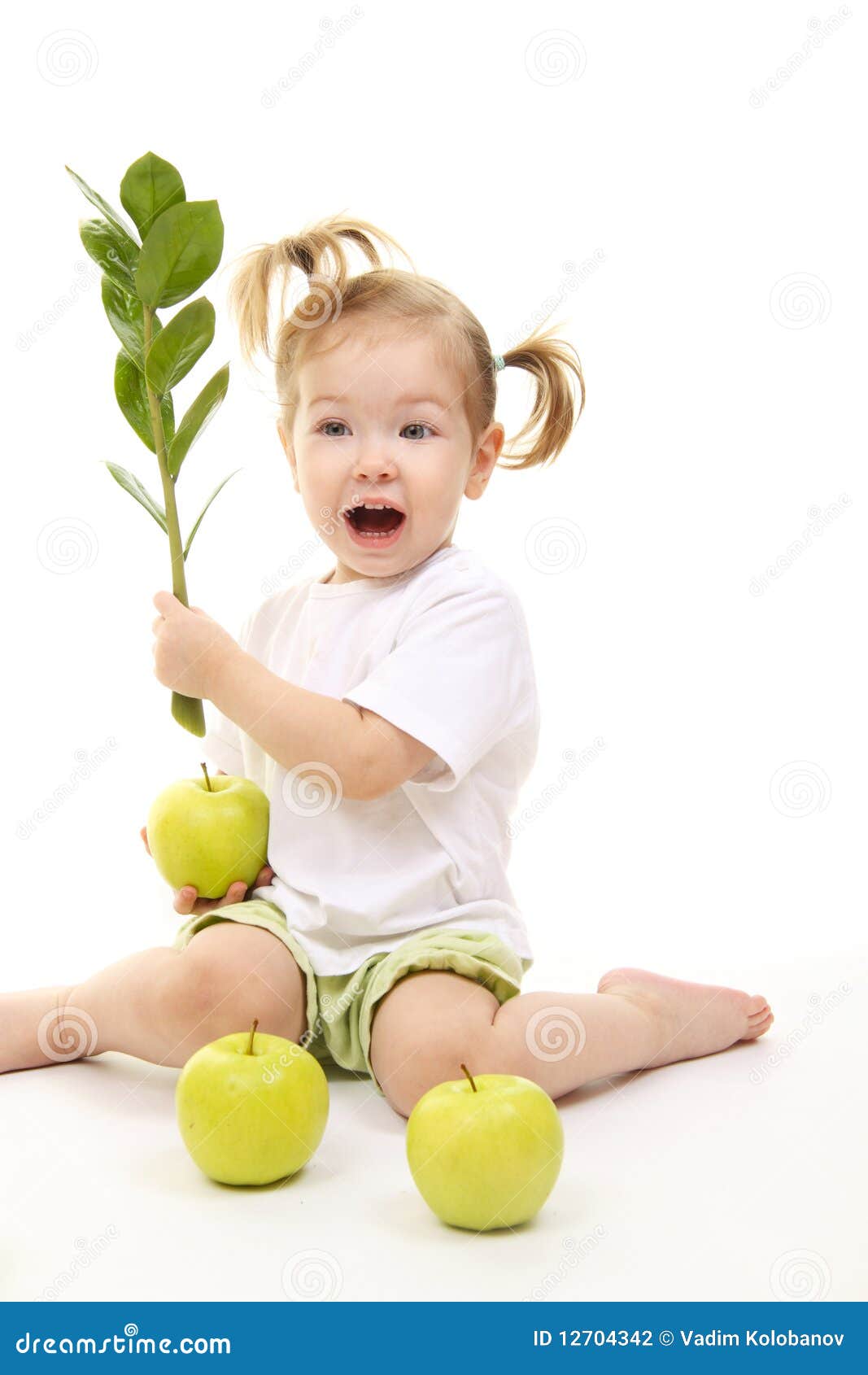 Baby Girl with Green Apples Stock Photo - Image of breakfast, healthy ...