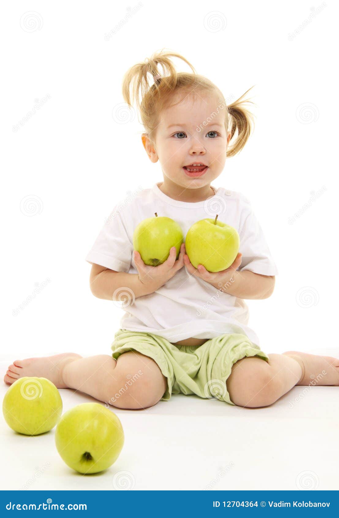 Baby Girl with Green Apples Stock Photo - Image of caucasian, fruit ...