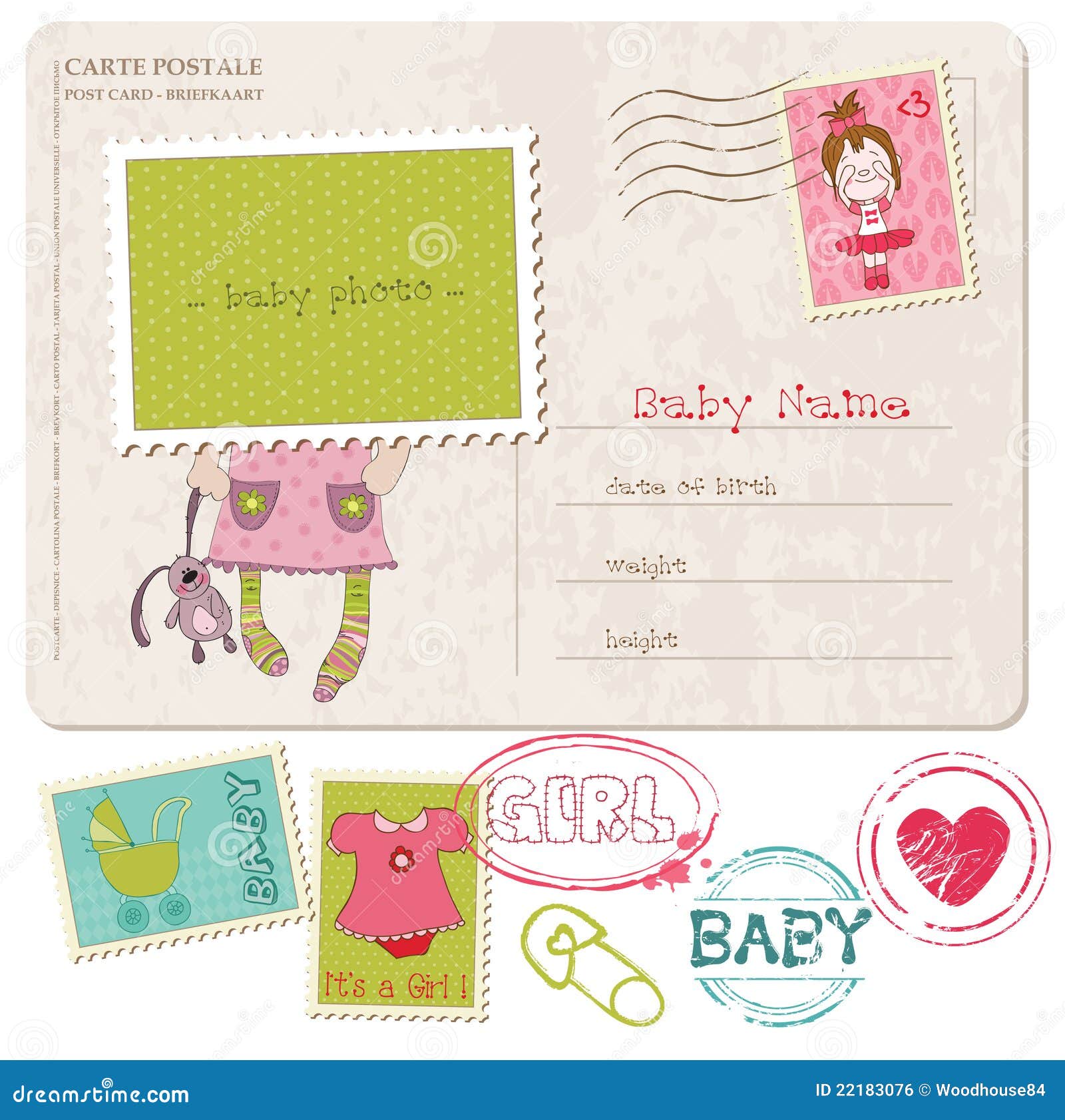 Baby Girl Greeting Postcard Stock Illustration - Illustration of ...