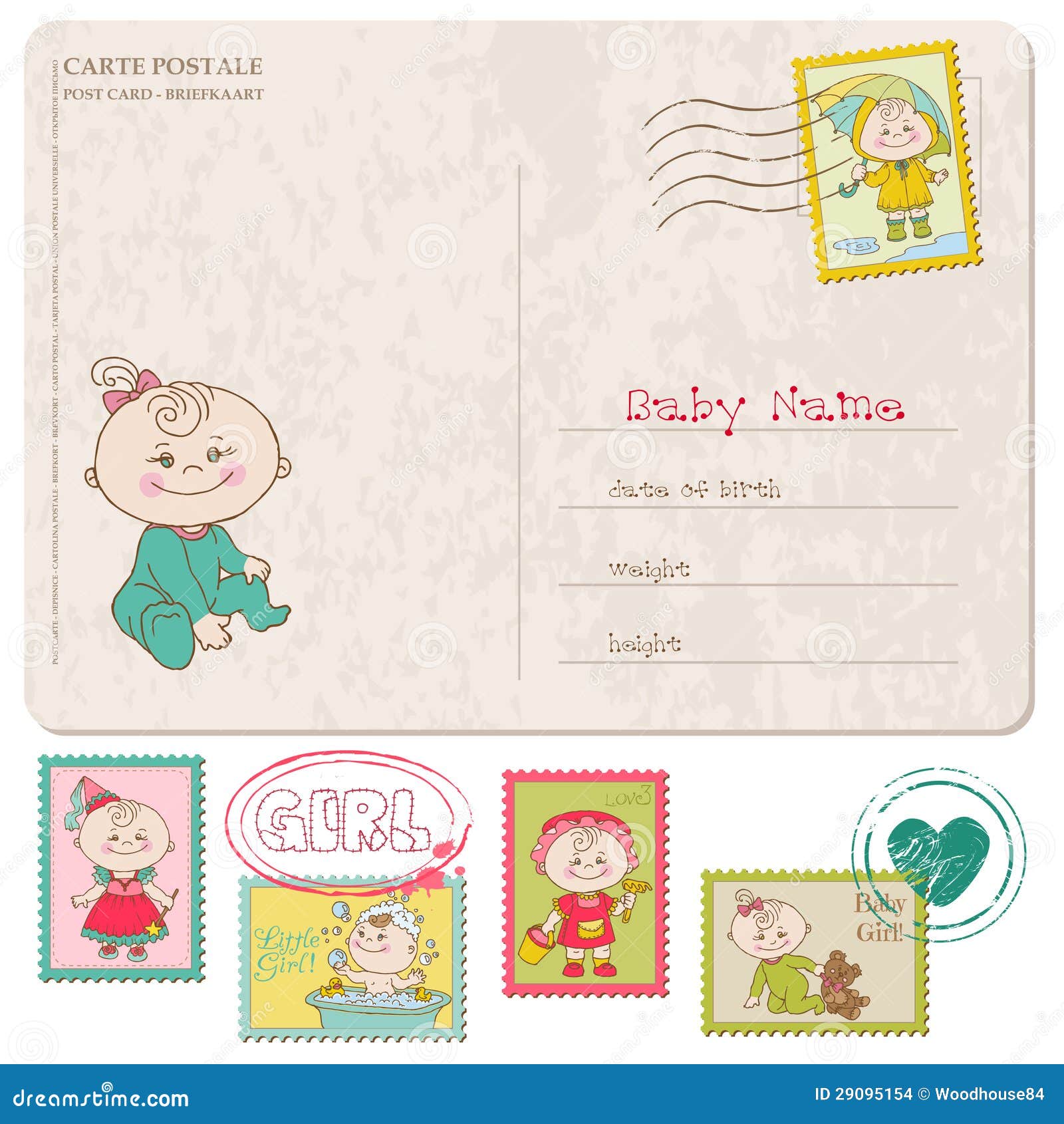 Baby Girl Greeting Postcard Stock Vector - Illustration of beauty ...