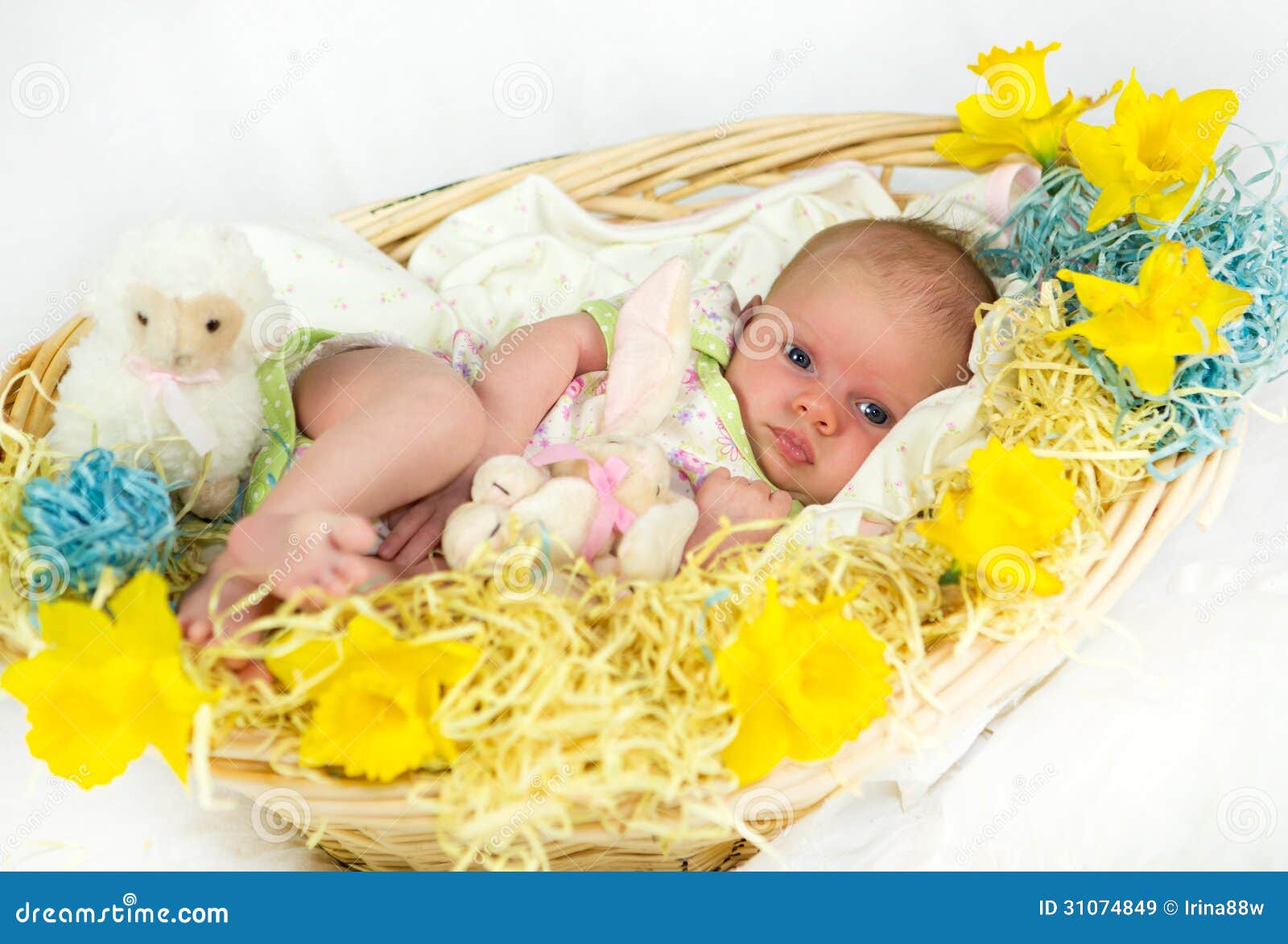 Baby Girl Inside of Basket with Spring Flowers. Stock Image - Image of ...