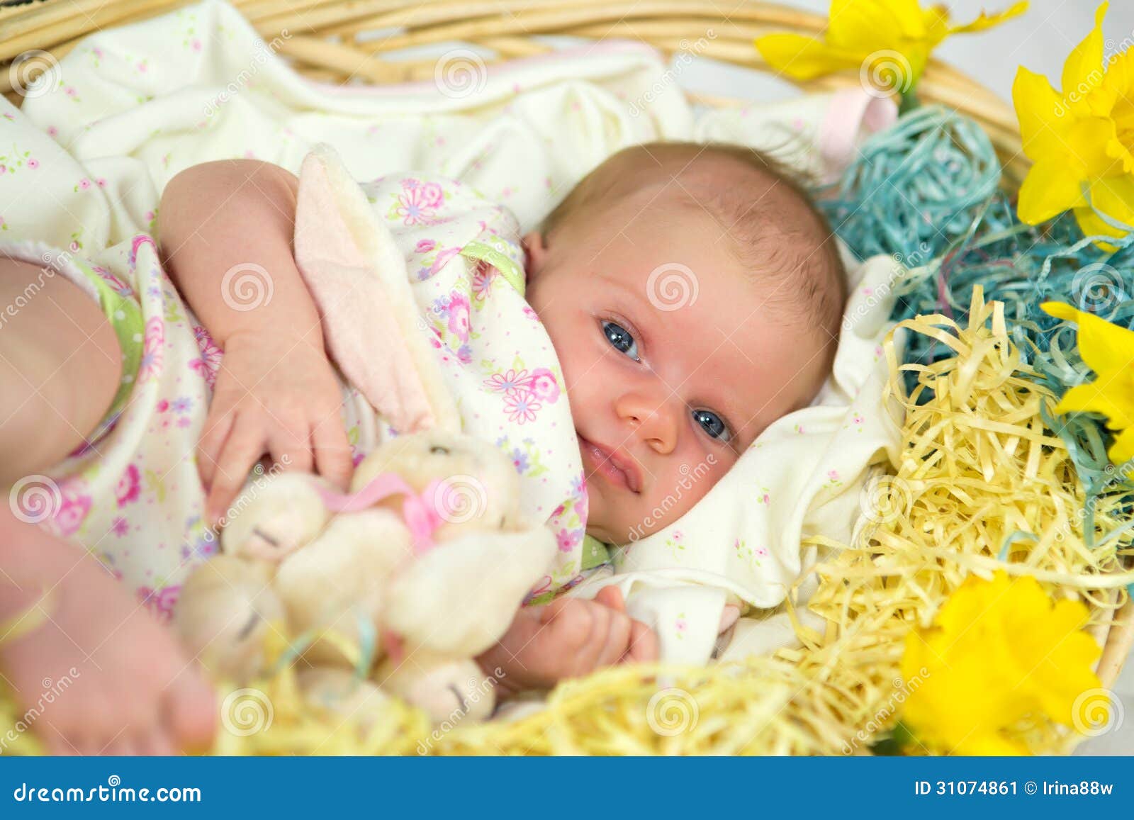 Baby Girl Inside of Basket with Spring Flowers. Stock Image - Image of ...