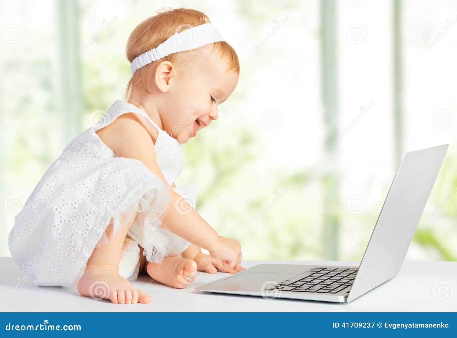 Baby Girl at Laptop Computer Stock Image - Image of internet, girl ...