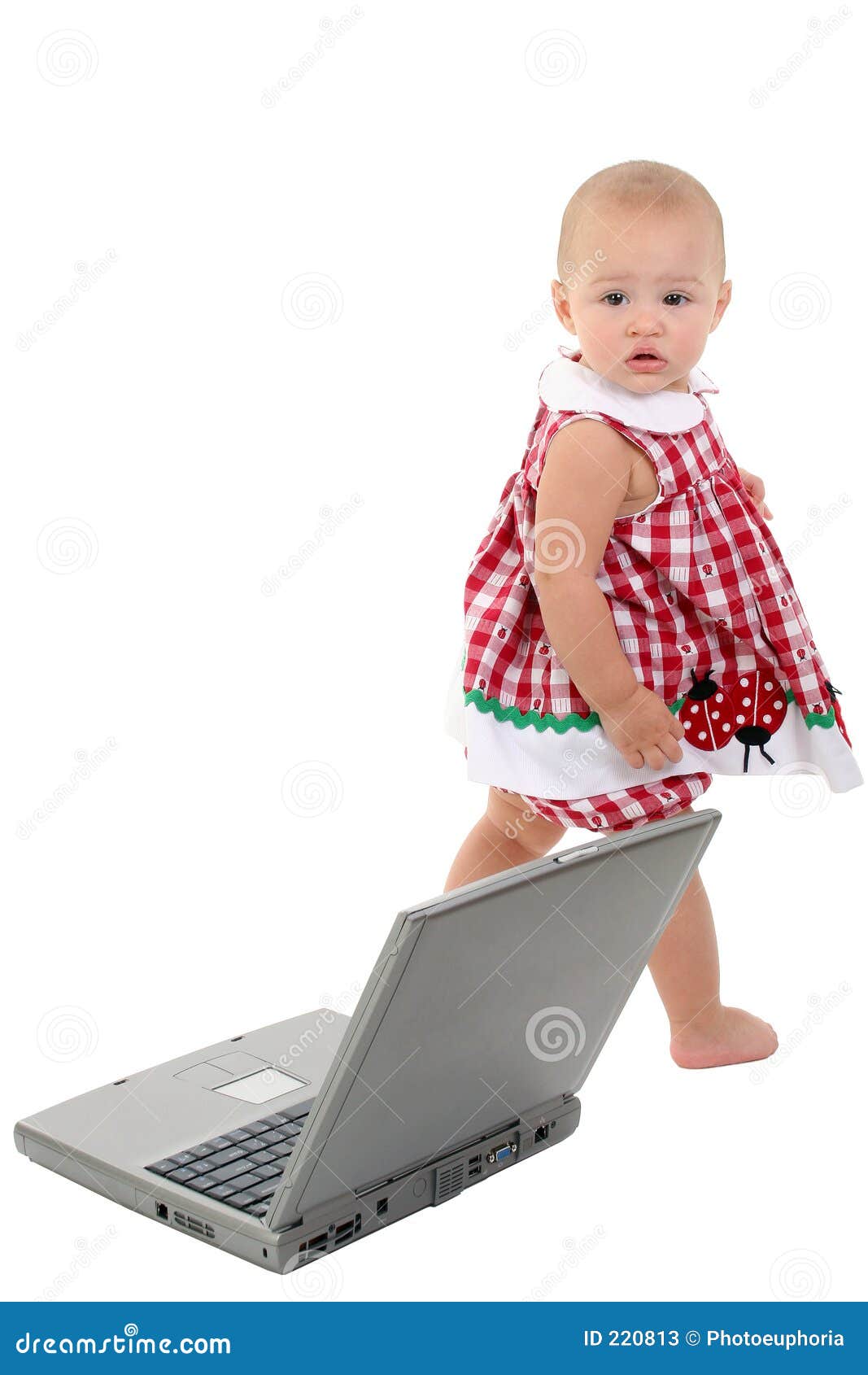 Baby Girl with Laptop Computer Over White. Stock Image - Image of ...