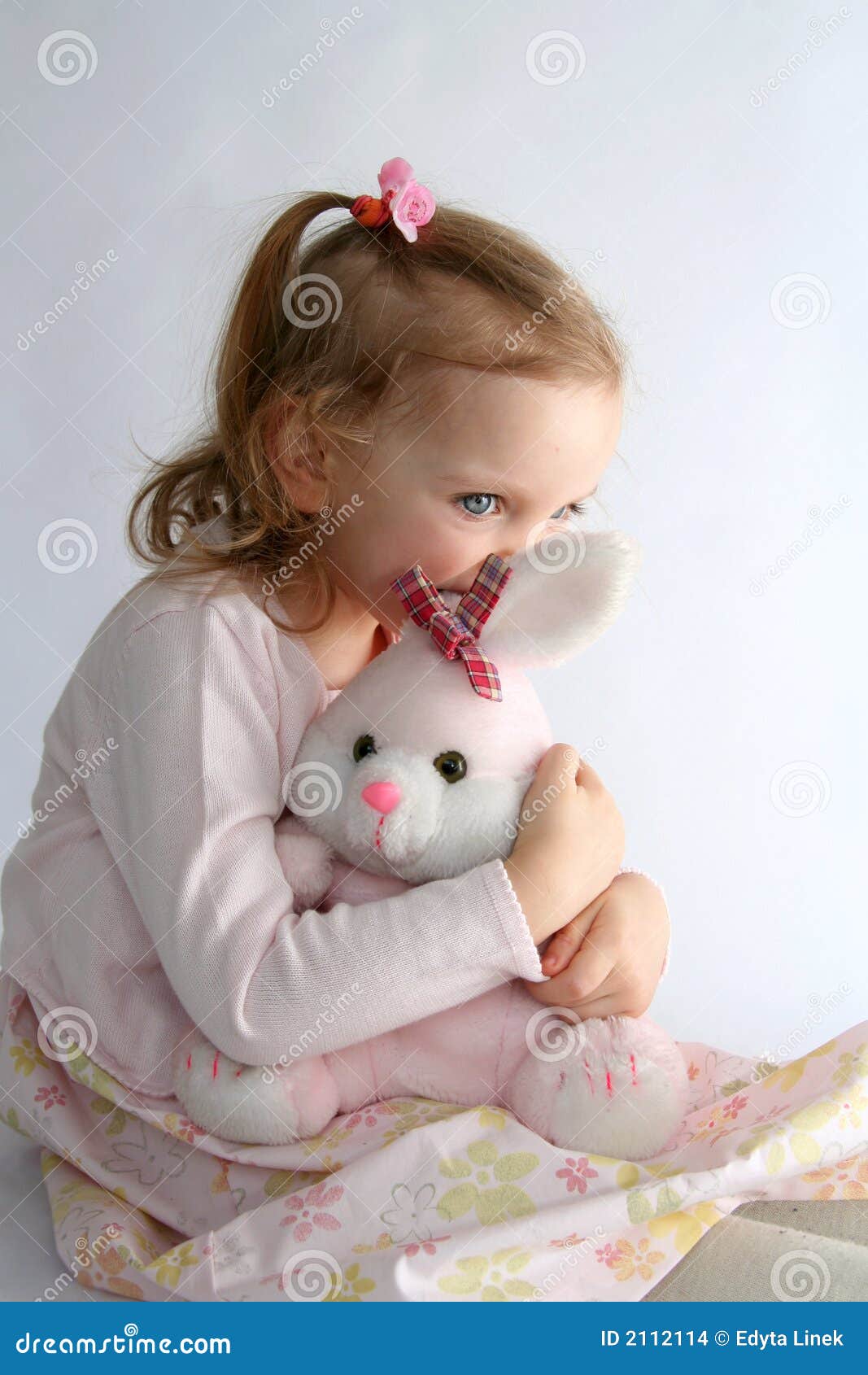 Baby girl and pink bunny stock photo. Image of eyes, adorable - 2112114