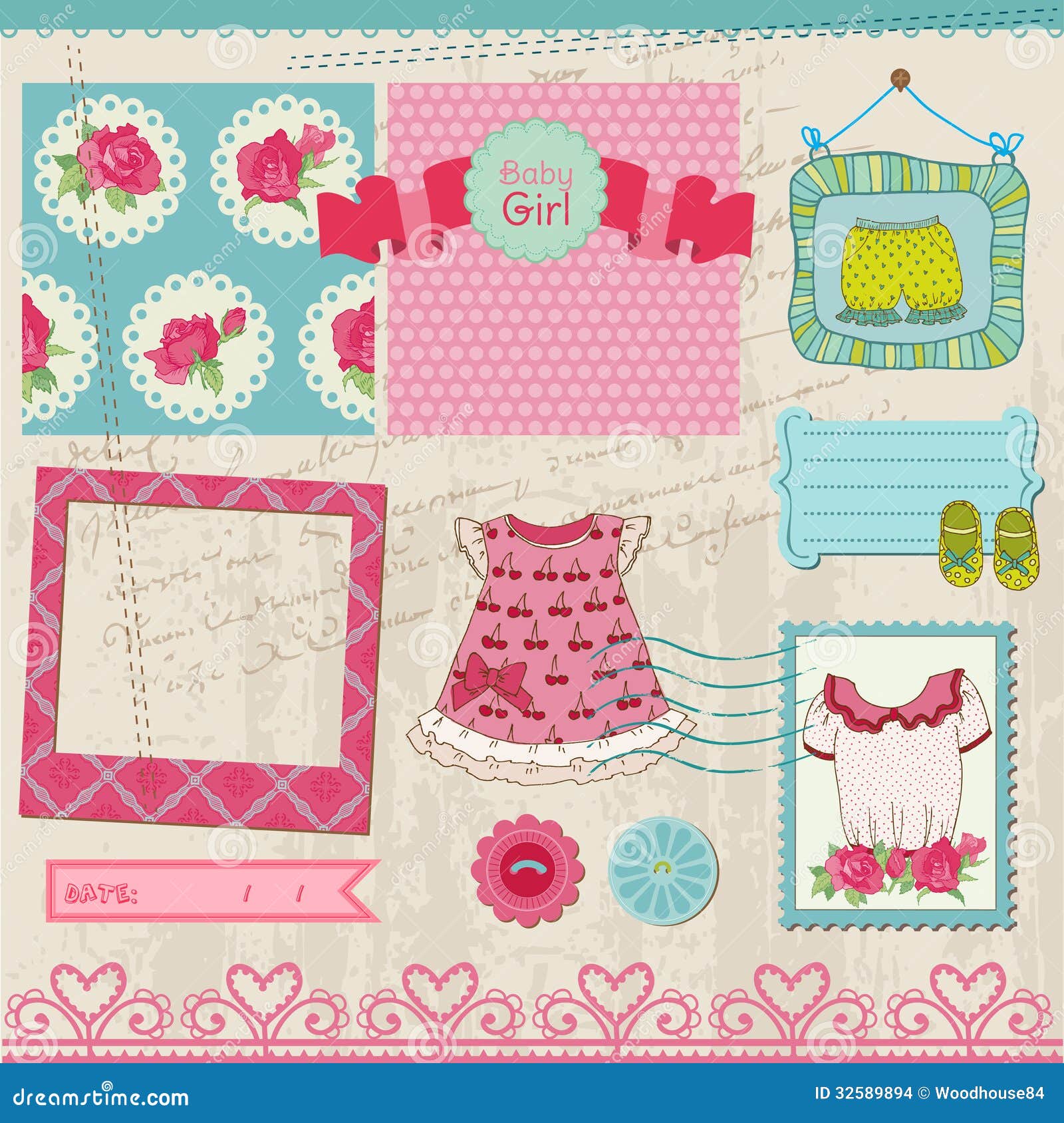 Baby Girl Set stock vector. Illustration of scrap, retro - 32589894