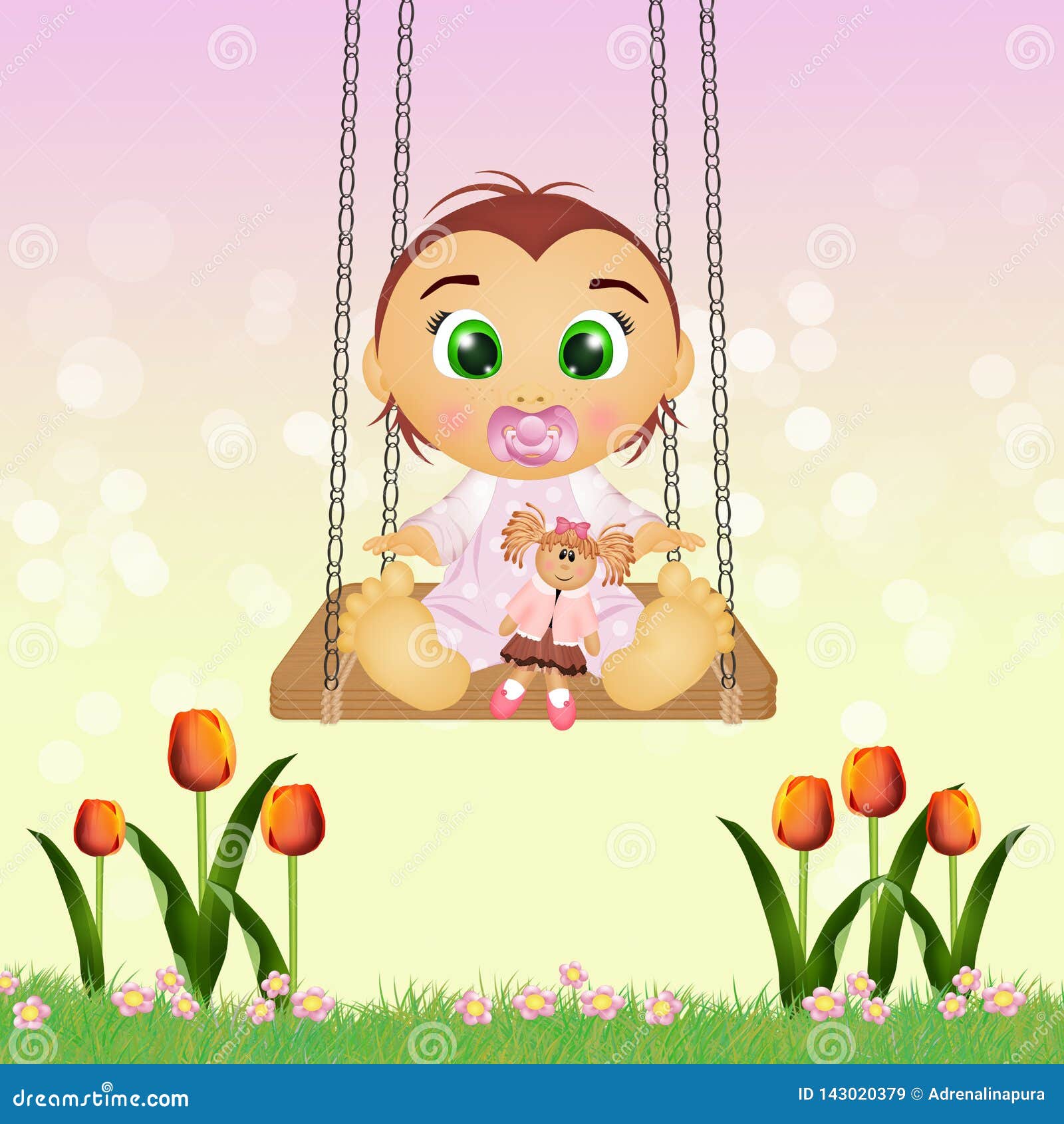 Baby girl on swing stock illustration. Illustration of playing - 143020379