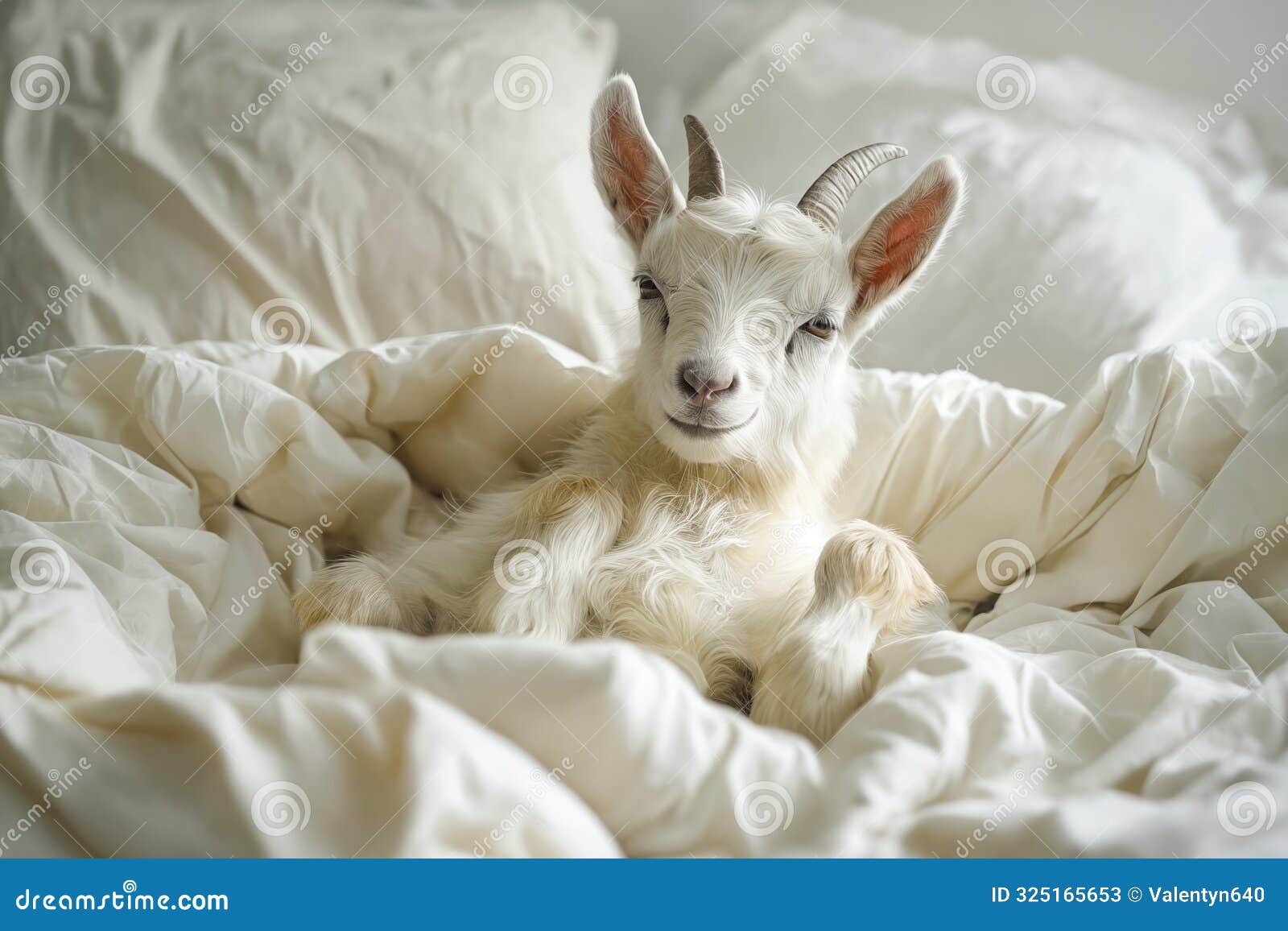 A White Goat is Laying in Bed with White Sheets. Generative AI Stock ...