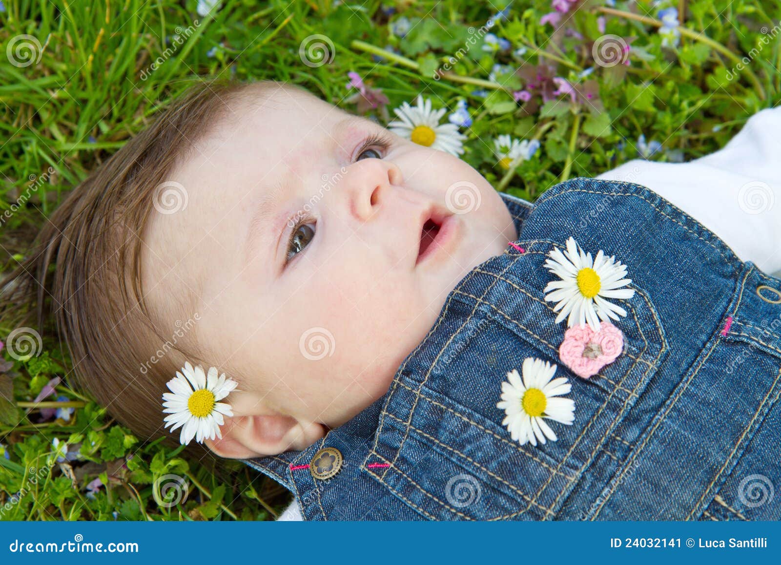 Baby on Green Grass with Daisy Stock Image - Image of person, nature ...