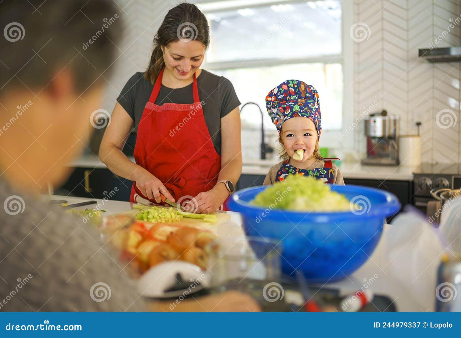 Baby Helping Mom To Cook in the Dinner Room Stock Image - Image of ...