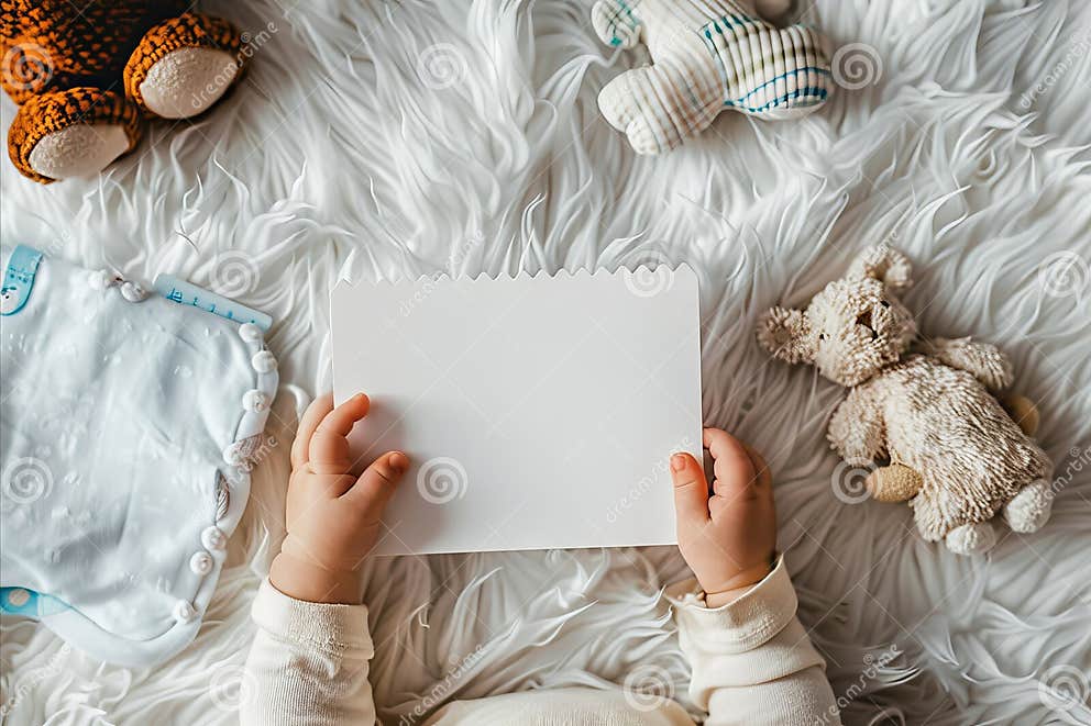 A Baby Holding a Blank Notepad on a White Blanket Stock Image - Image ...