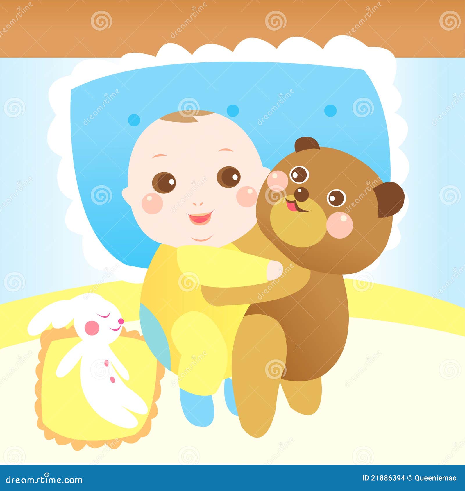 Baby Hugging Teddy Bear on the Bed Stock Vector - Illustration of ...
