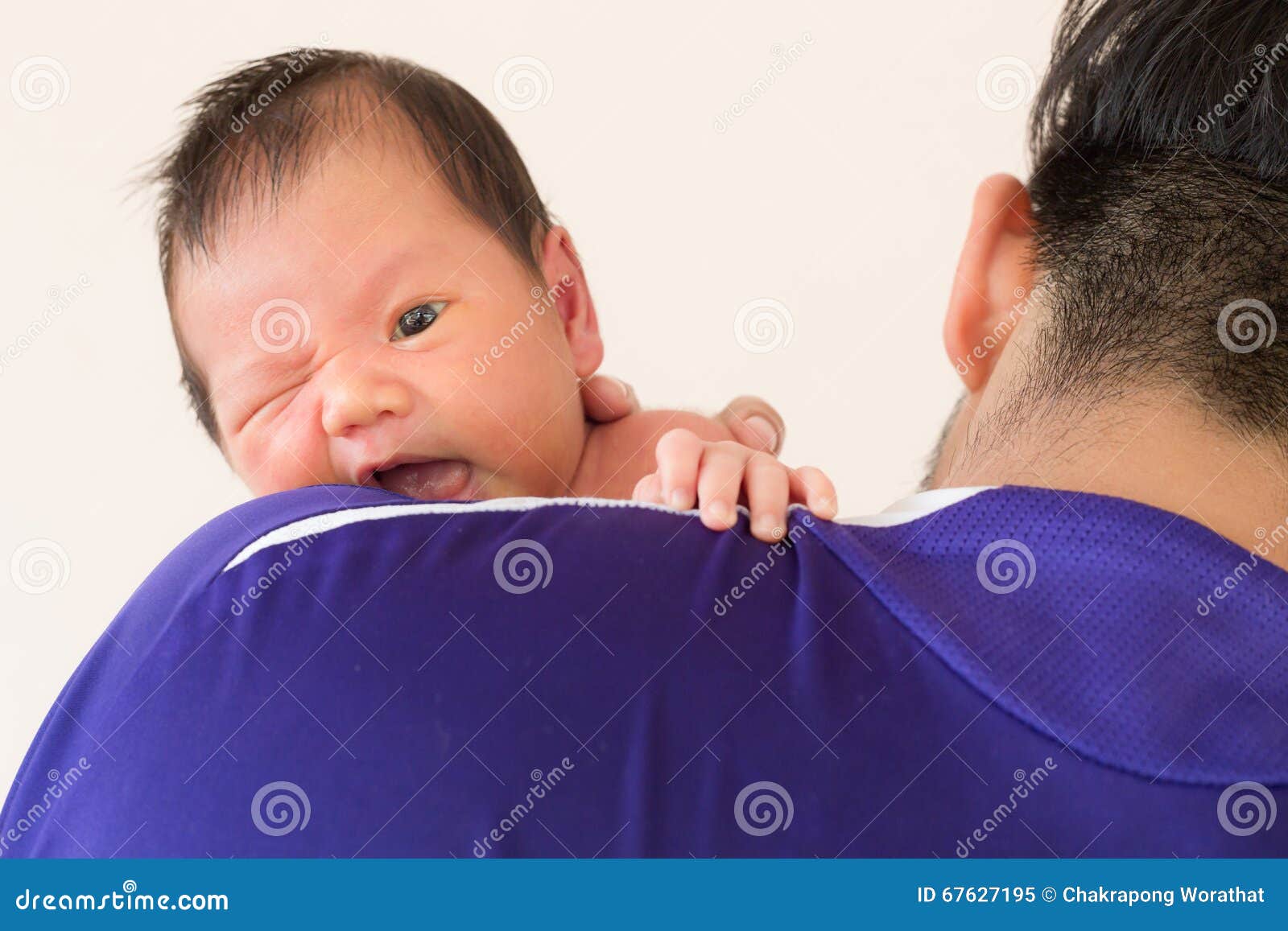 Baby Infant Smiling on Father S Shoulder. Stock Image - Image of care ...