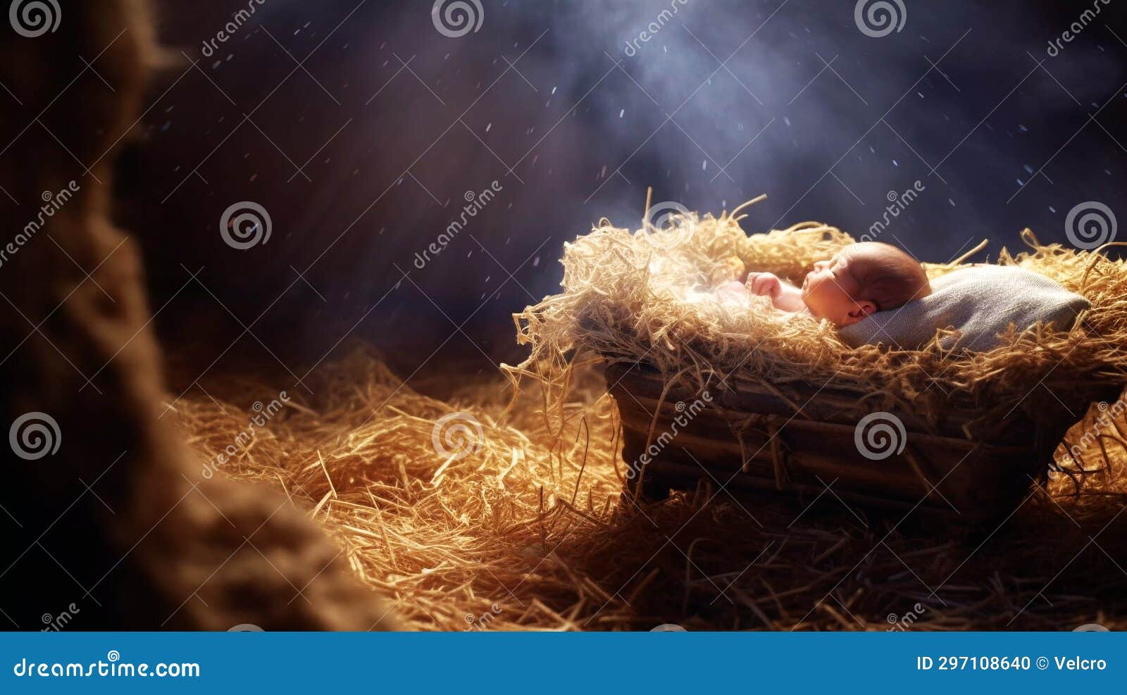 Baby Jesus in Hay Filled Manger Stock Illustration - Illustration of ...