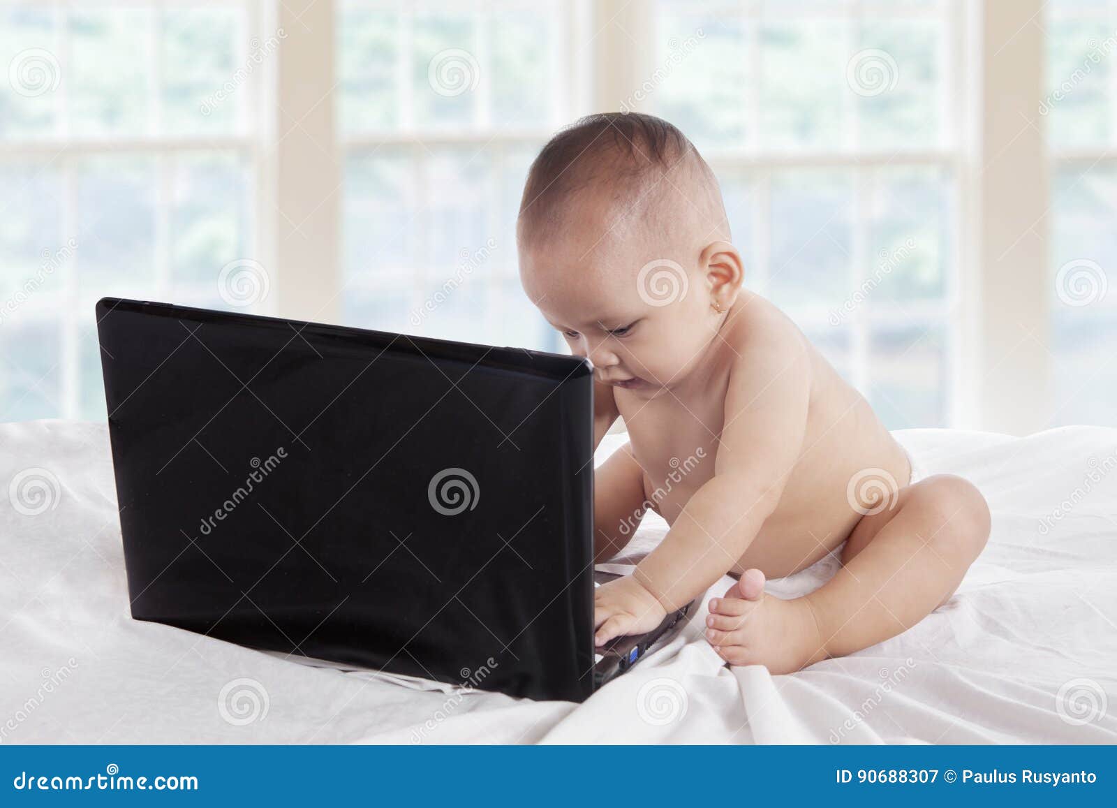 Baby with Laptop on Bedroom Stock Image - Image of little, computer ...