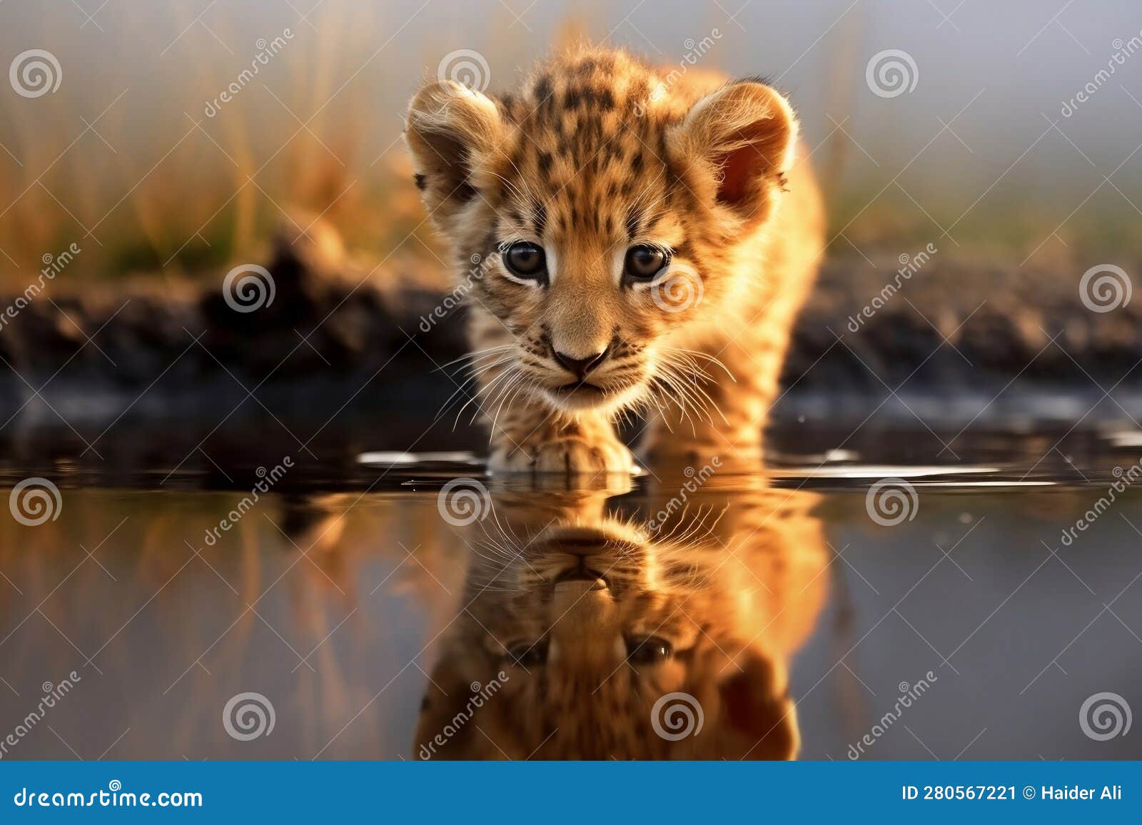 Baby Lion Reflection Puddle Run. Generative AI Stock Illustration ...