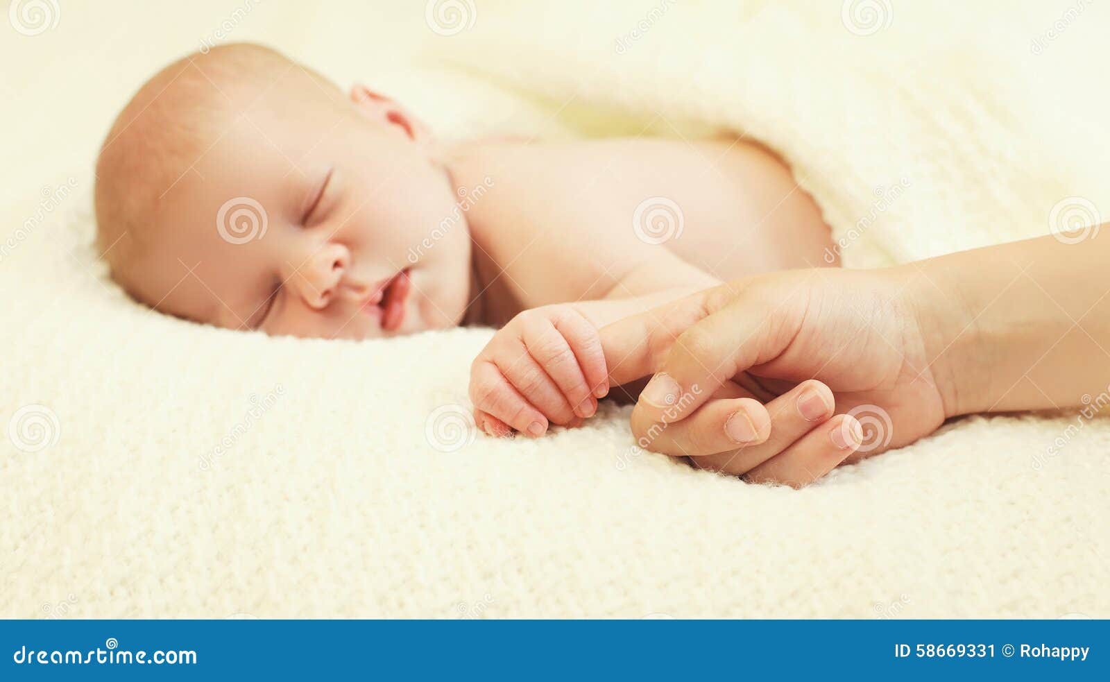 Baby Lying Sleeping on the Bed at Home and Hand Stock Image - Image of ...