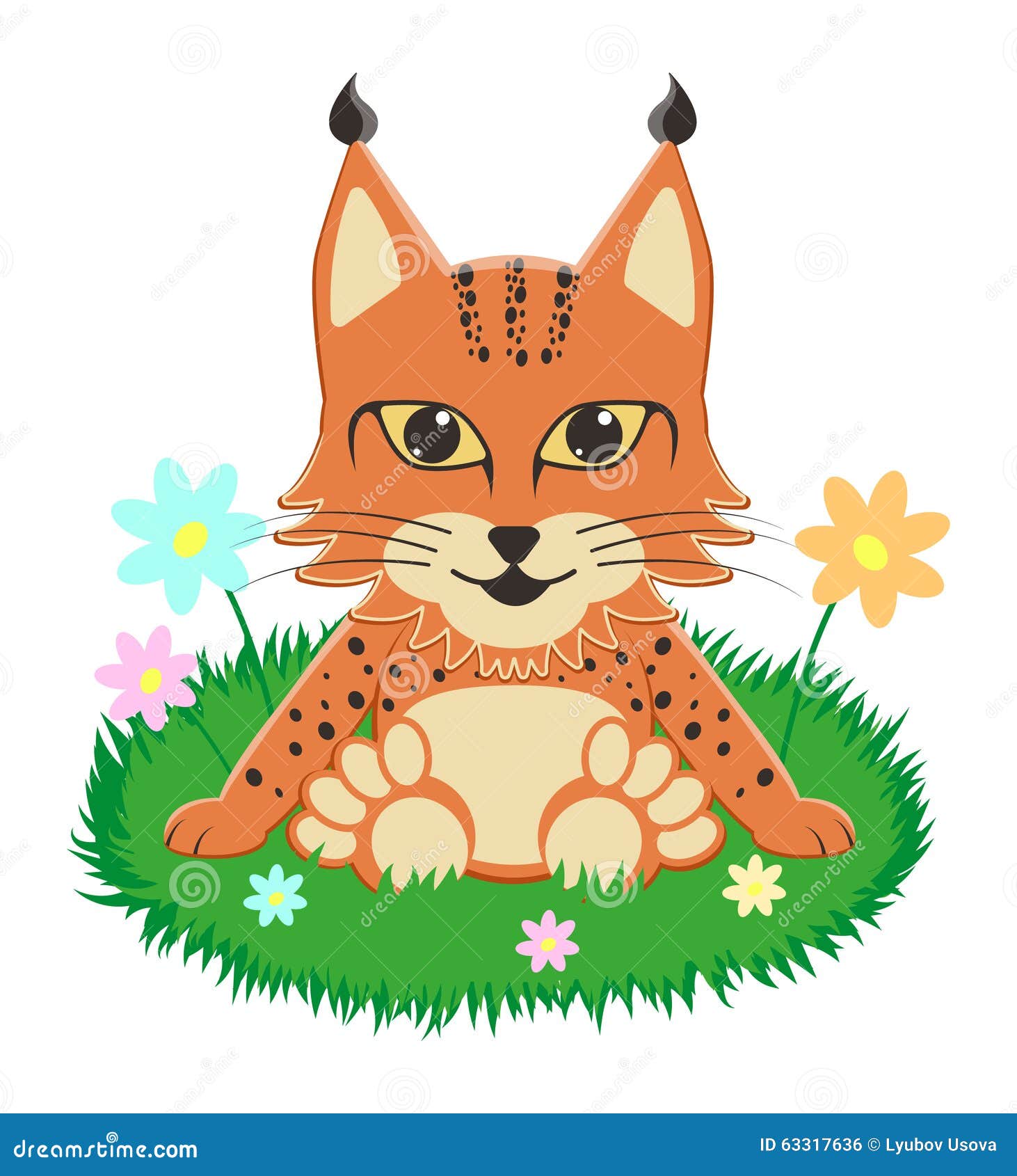 Baby Lynx Sitting on the Grass Surrounded by Flowers Stock Vector ...