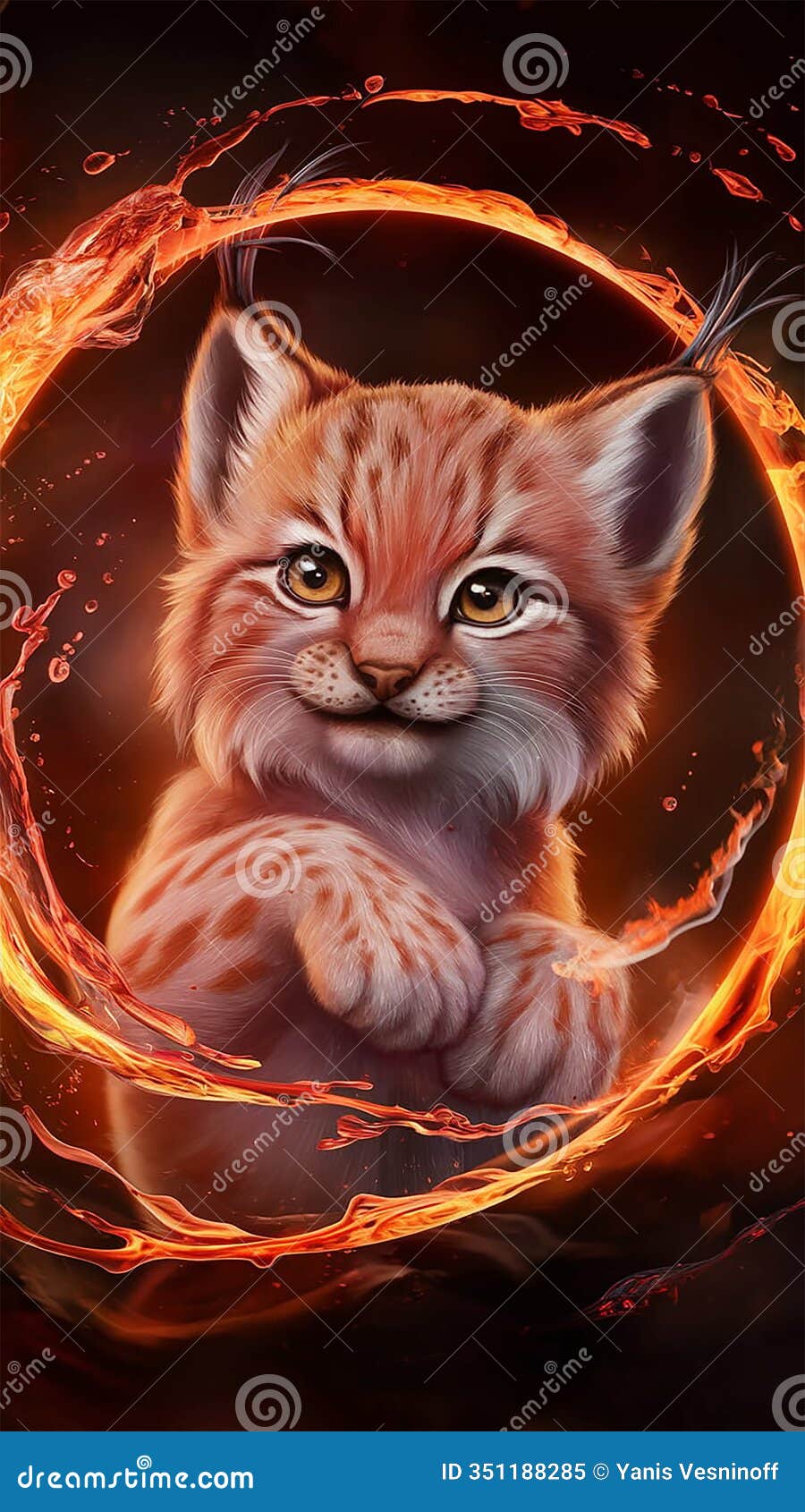 Baby Lynx in a Whirlwind of Vibrant, Dynamic Fire Splashes Stock ...