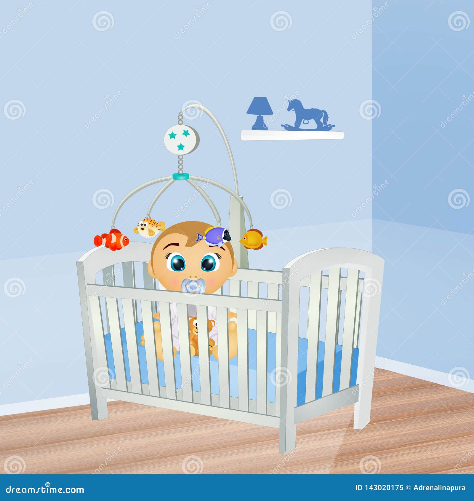 Baby male in the cot stock illustration. Illustration of room - 143020175