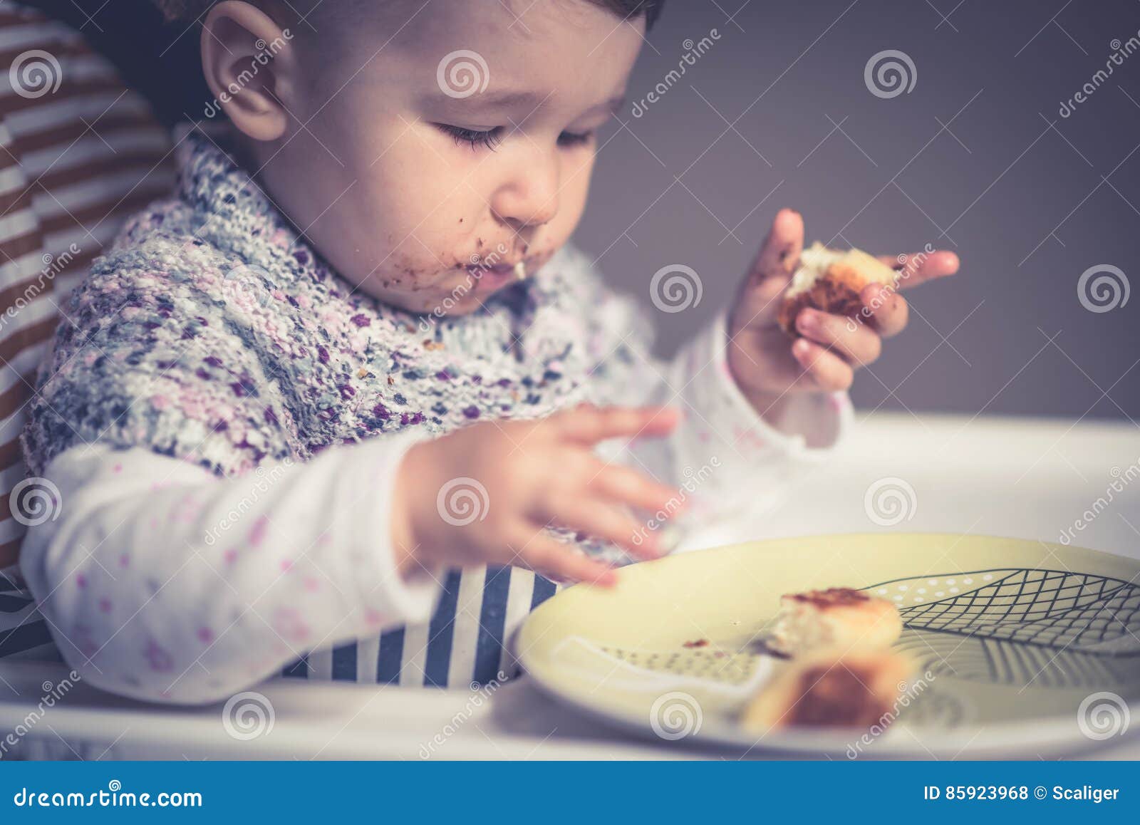 Baby with Messy Face Eating Cheese Cakes Stock Photo - Image of face ...