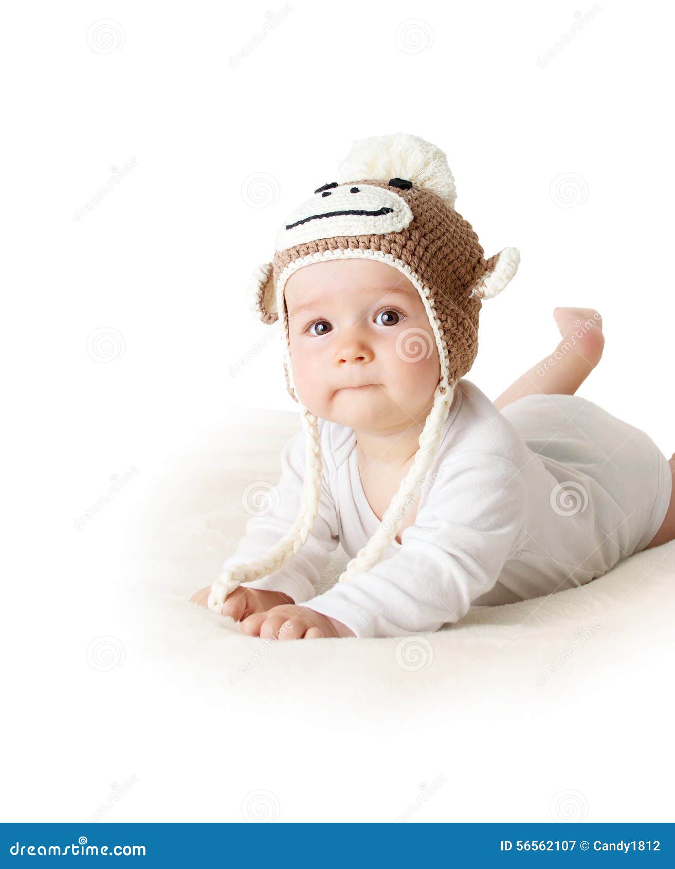 Baby in monkey hat stock image. Image of birth, face - 56562107