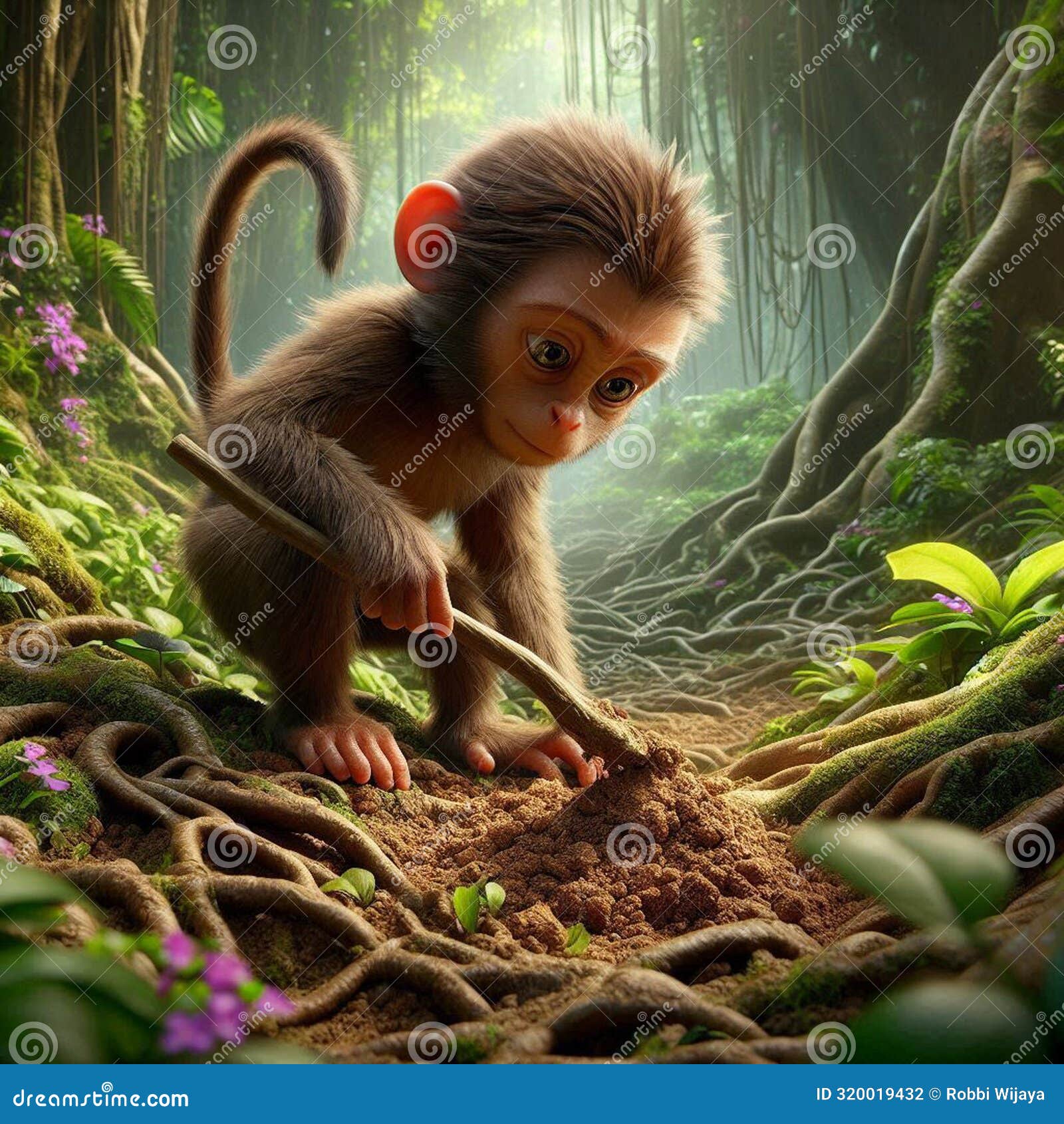 Baby Monkey is Looking for Something by Digging in the Ground, 3D Image ...