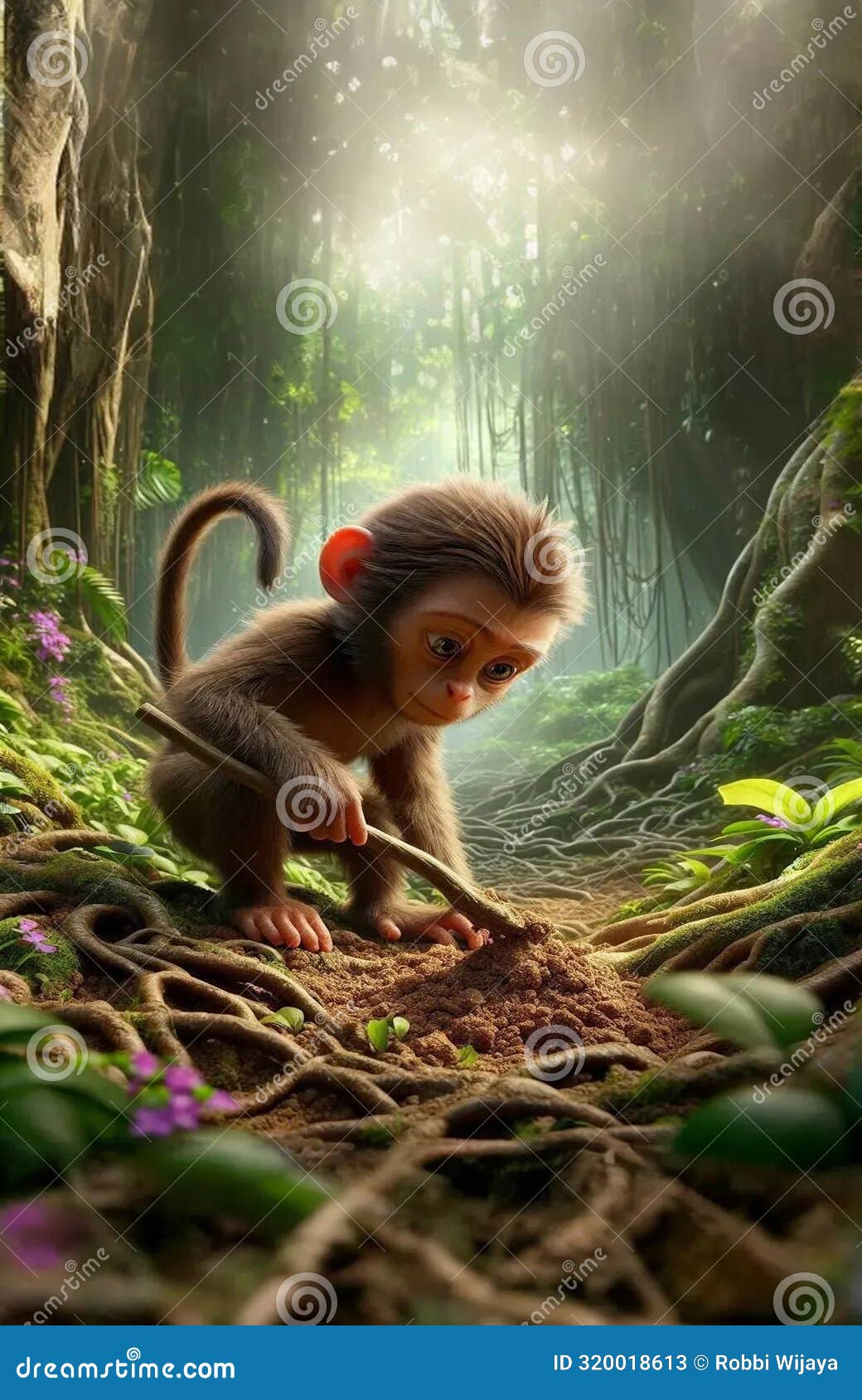 Baby Monkey is Looking for Something by Digging in the Ground, 3D Image ...