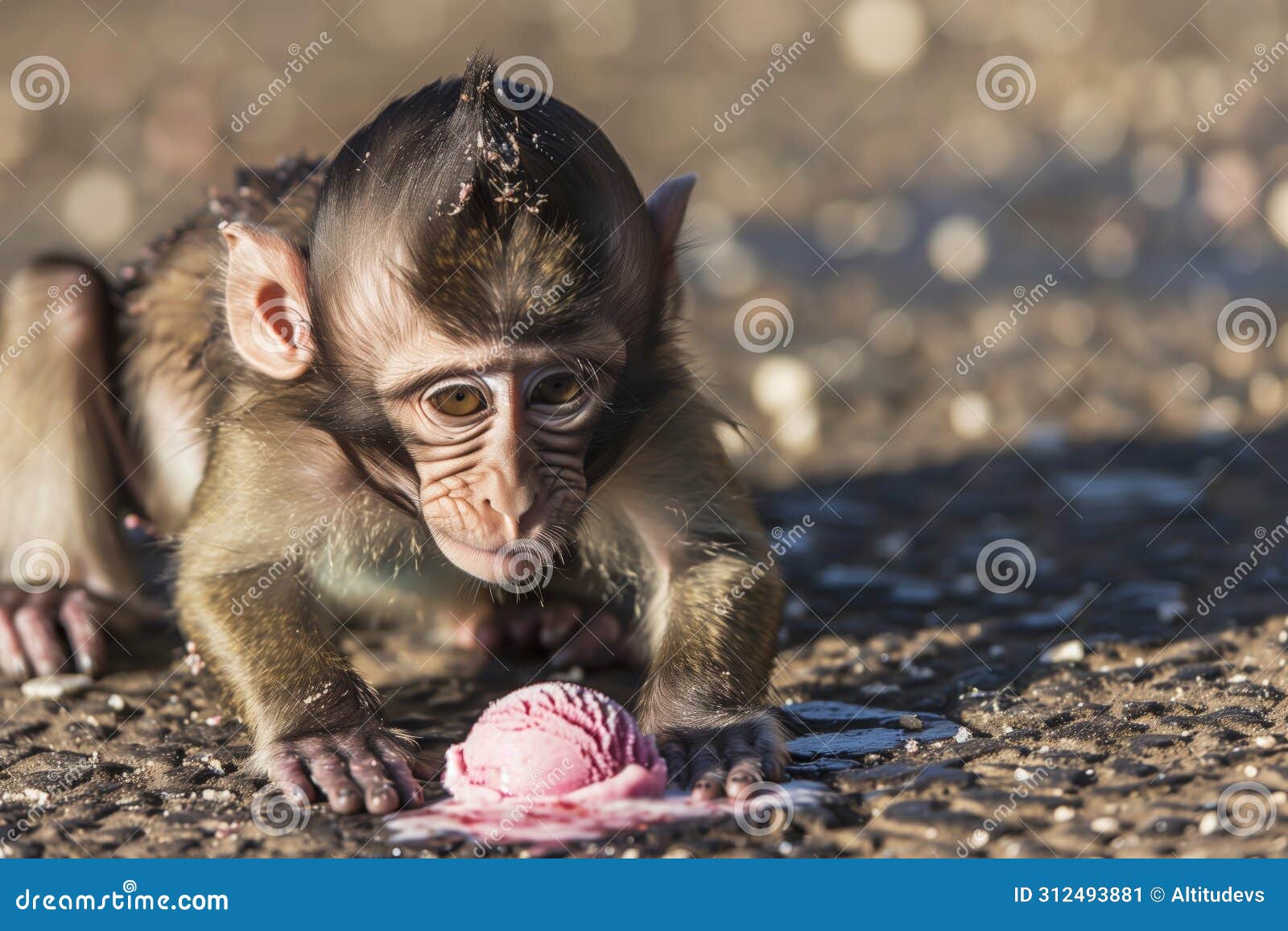 Baby Monkey with Melting Ice Cream on a Hot Pavement Stock Image ...
