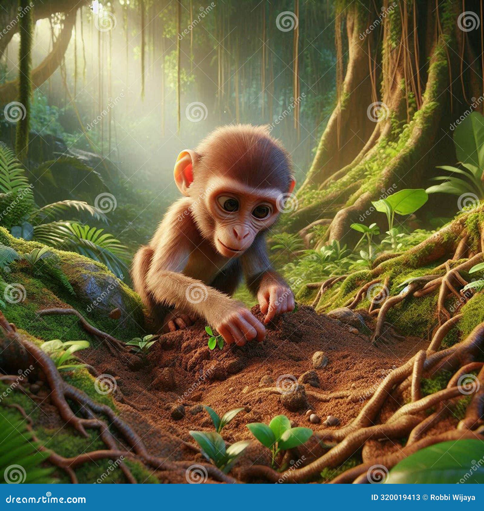 Baby Monkey is Looking for Something by Digging in the Ground, 3D Image ...