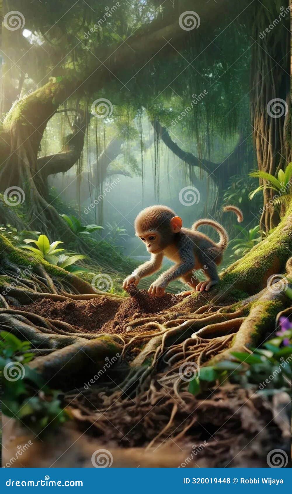 Baby Monkey is Looking for Something by Digging in the Ground, 3D Image ...