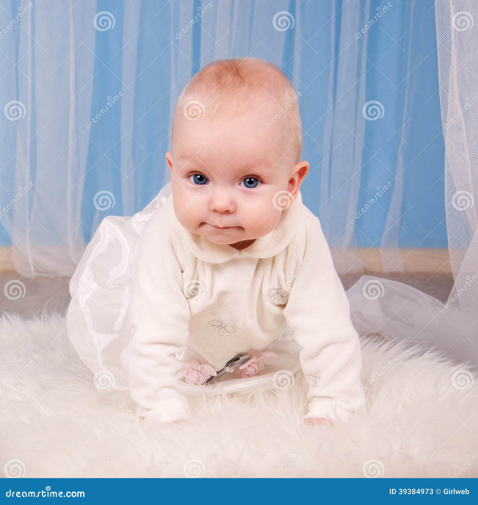 Baby 6 Months on a Blue Background Stock Image - Image of face ...