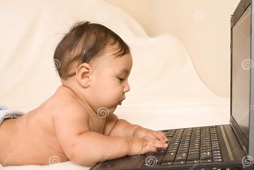 Baby with Notebook Portable Computer, Typing Stock Image - Image of ...