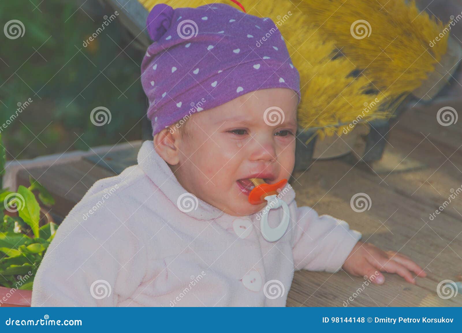 A Baby with a Pacifier in His Mouth Crying Closeup. Stock Photo - Image ...