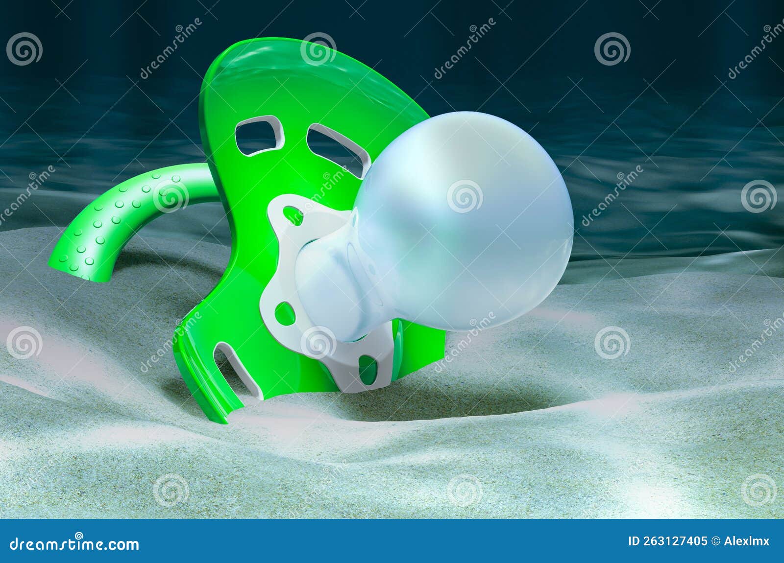 Baby Pacifier on Ocean Bottom Underwater, 3D Rendering Stock ...