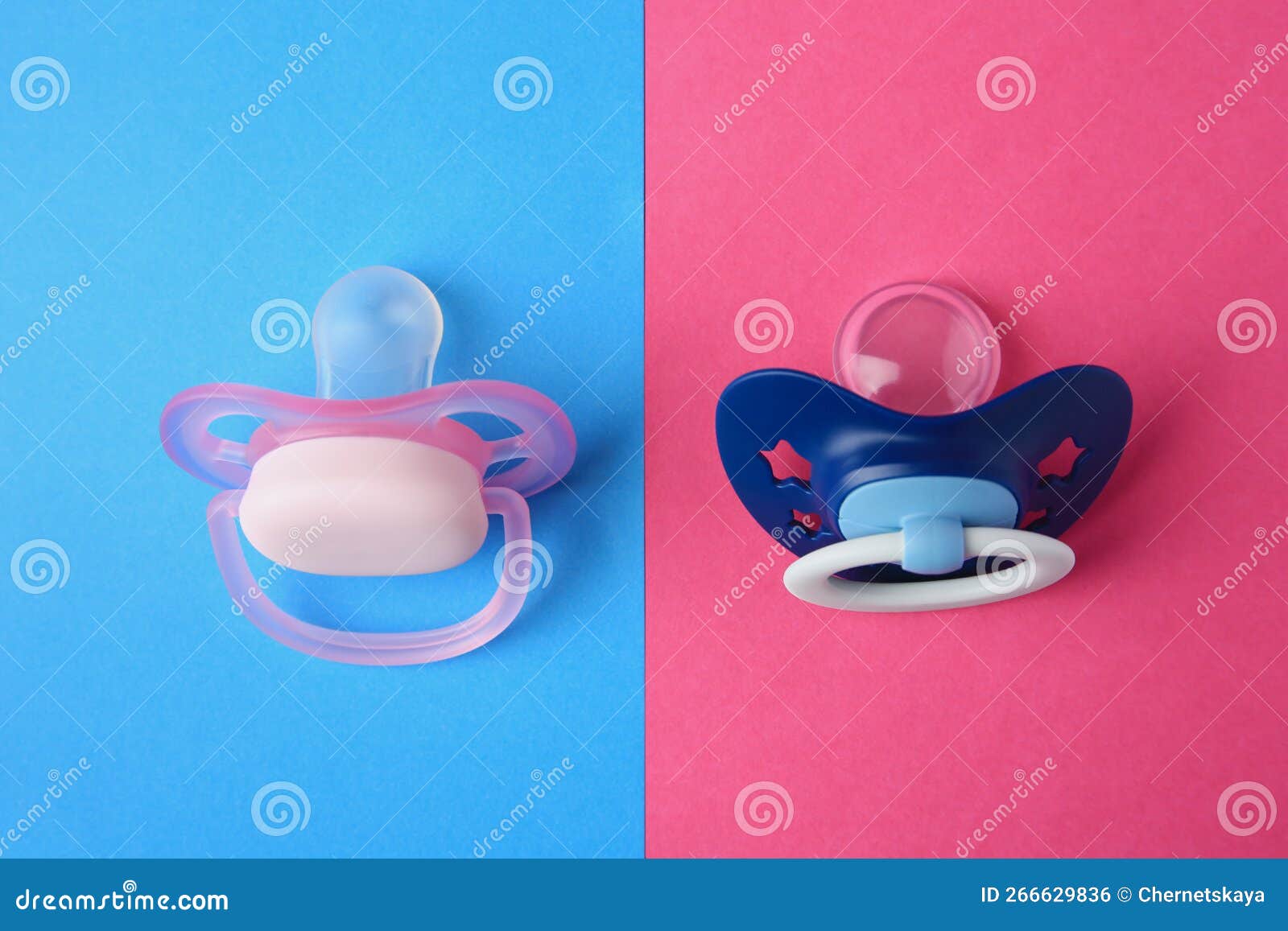 Baby Pacifiers on Color Background, Flat Lay Stock Photo - Image of ...