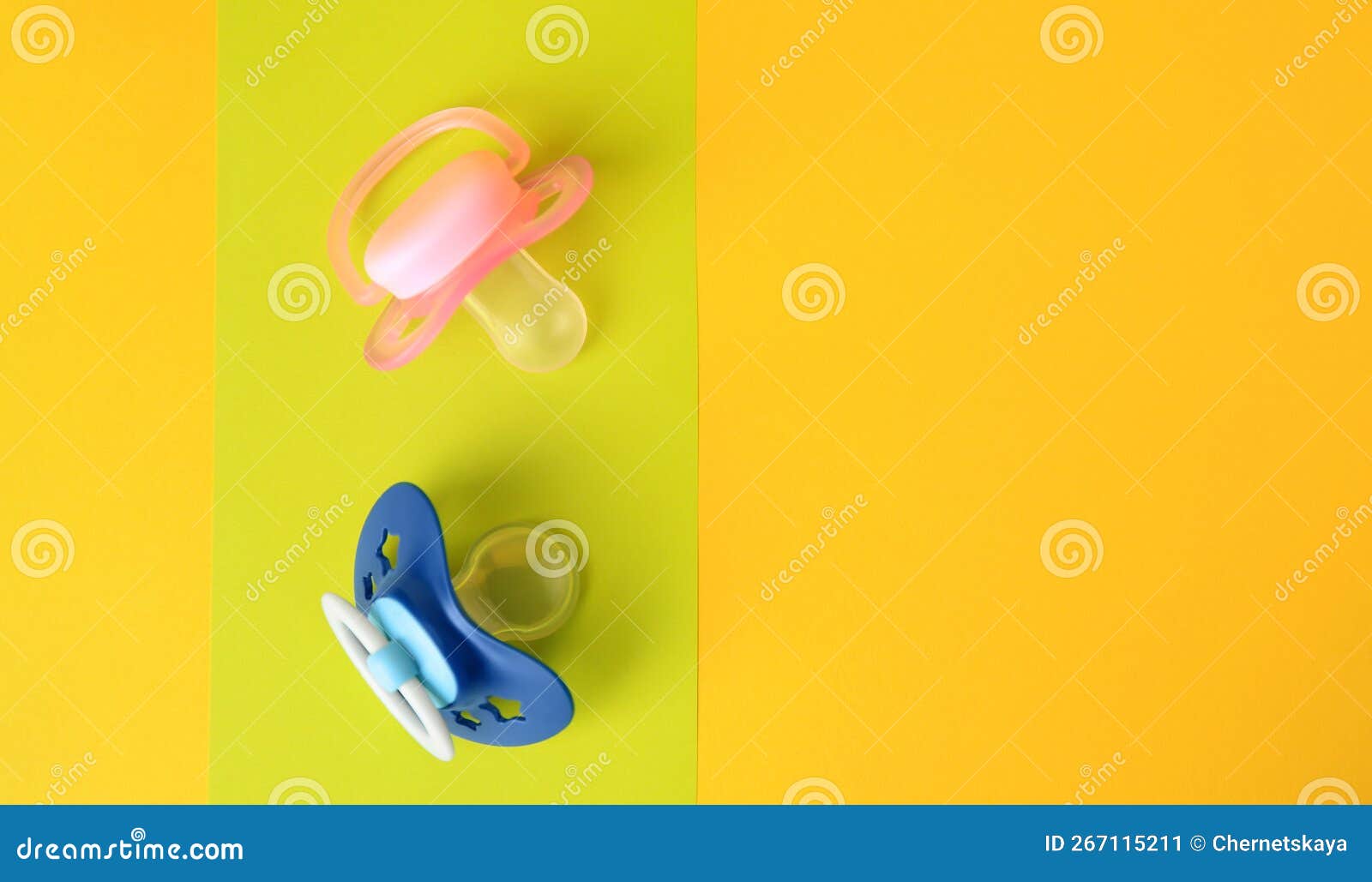 Baby Pacifiers on Color Background, Flat Lay. Space for Text Stock ...