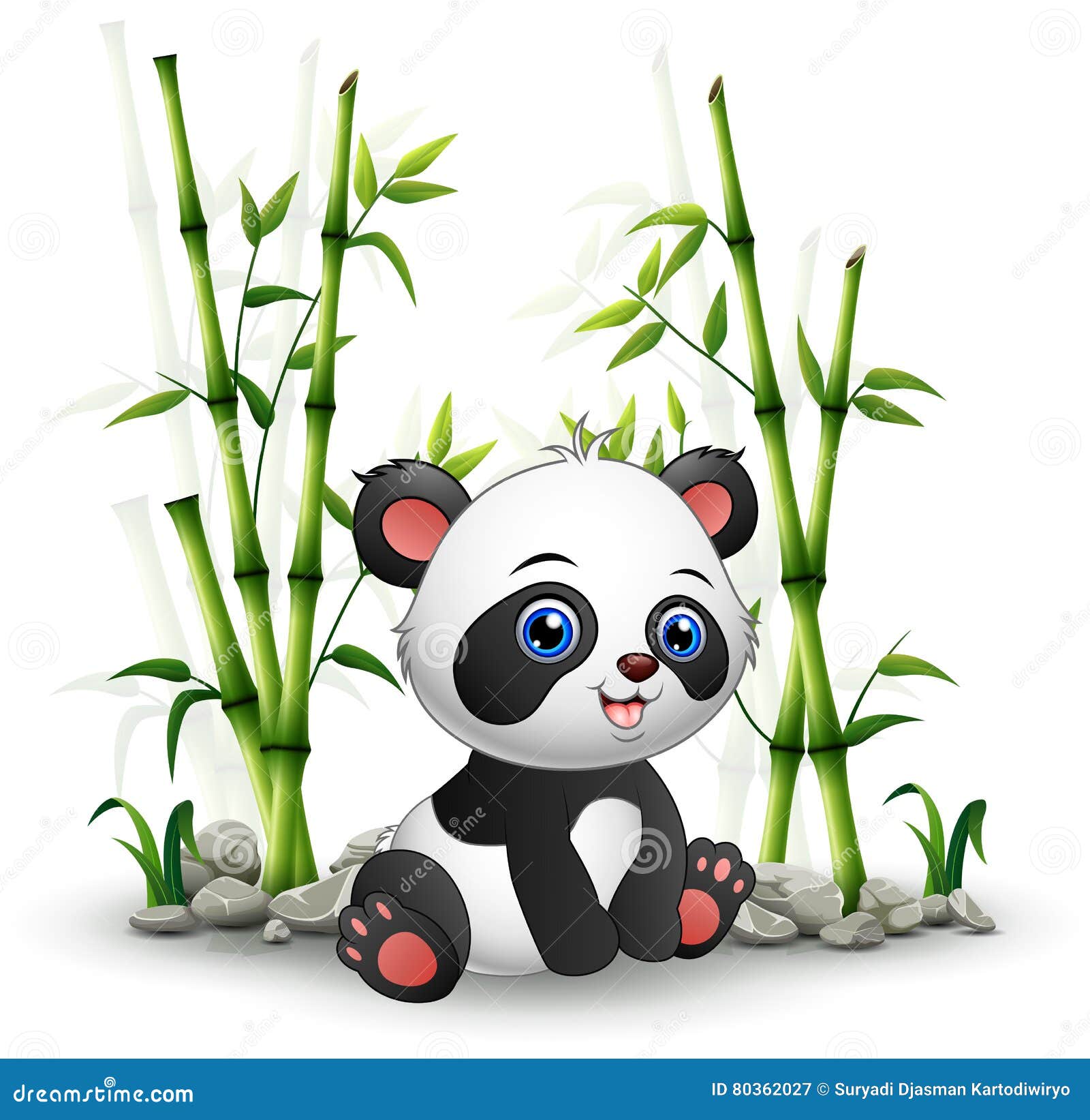 Panda Sitting Between Bamboo Holds Green Leaves Vector Illustration ...