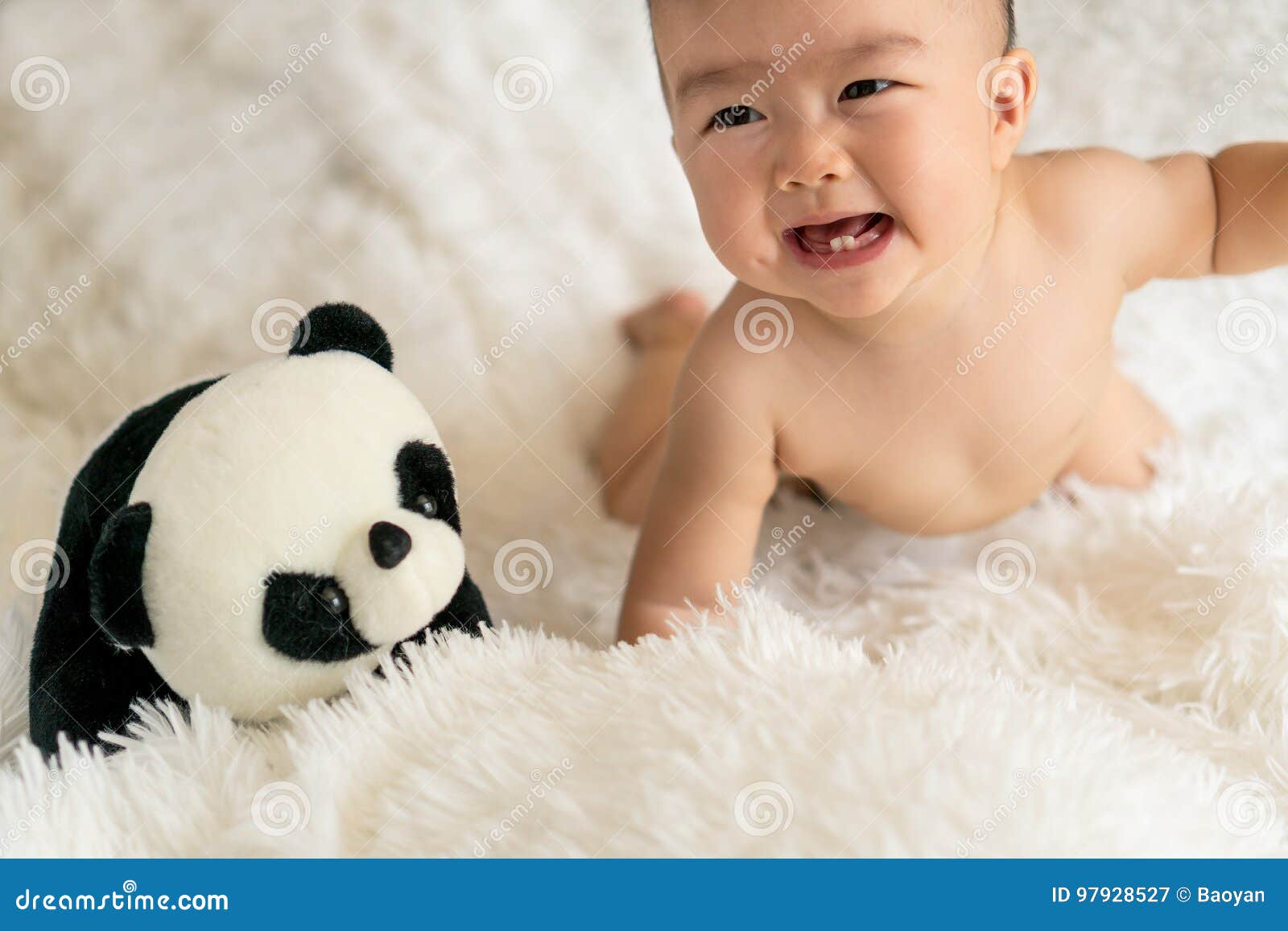 Baby with panda toy stock image. Image of infant, child - 97928527