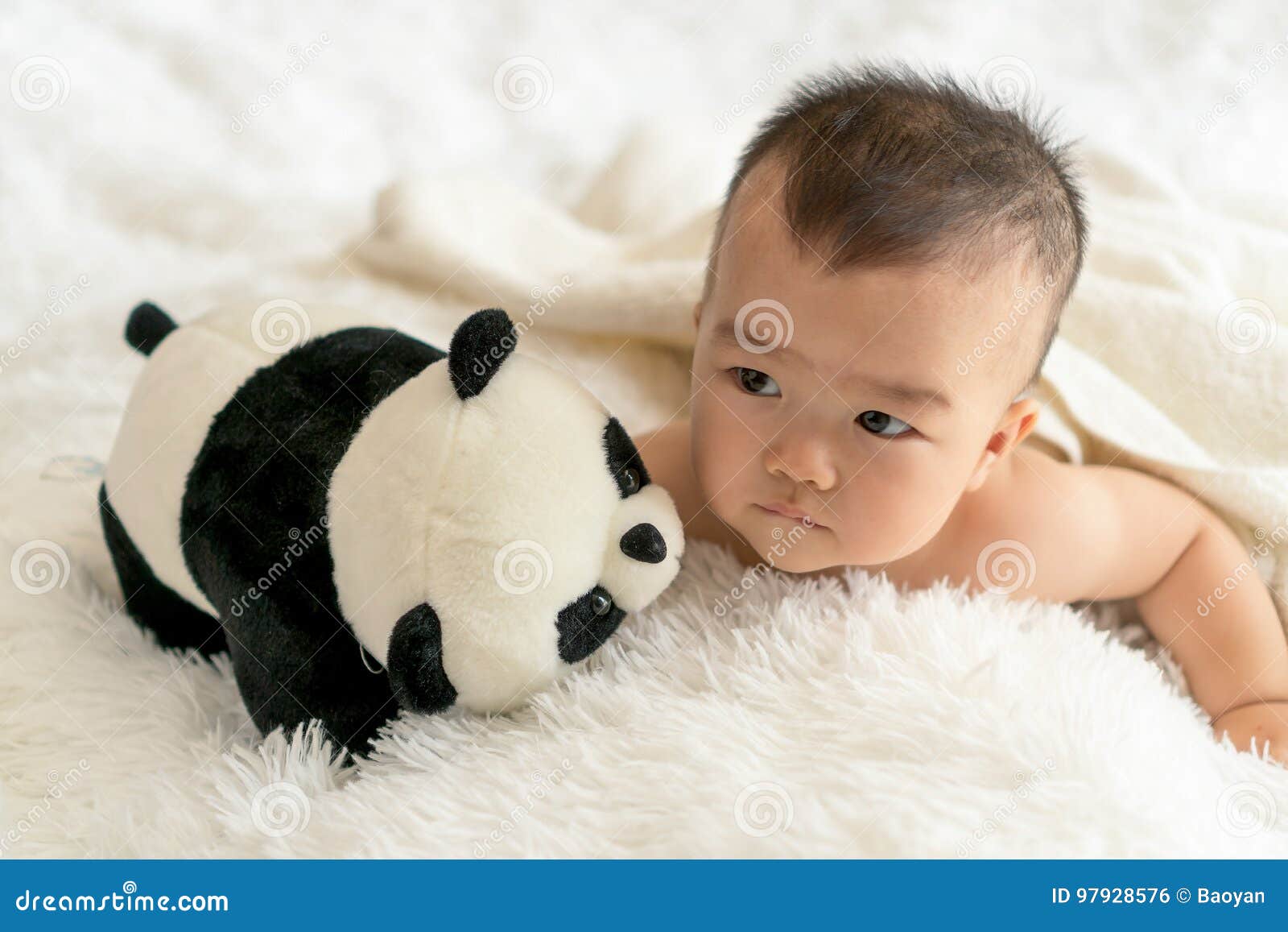 Baby with panda toy stock photo. Image of baby, hand - 97928576