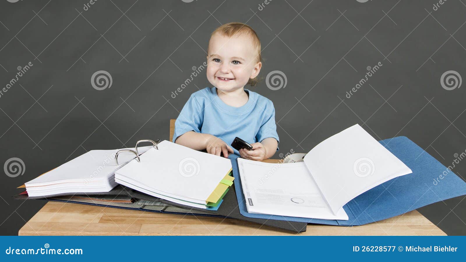 Baby with Paperwork at Wooden Desk Stock Image - Image of baby ...