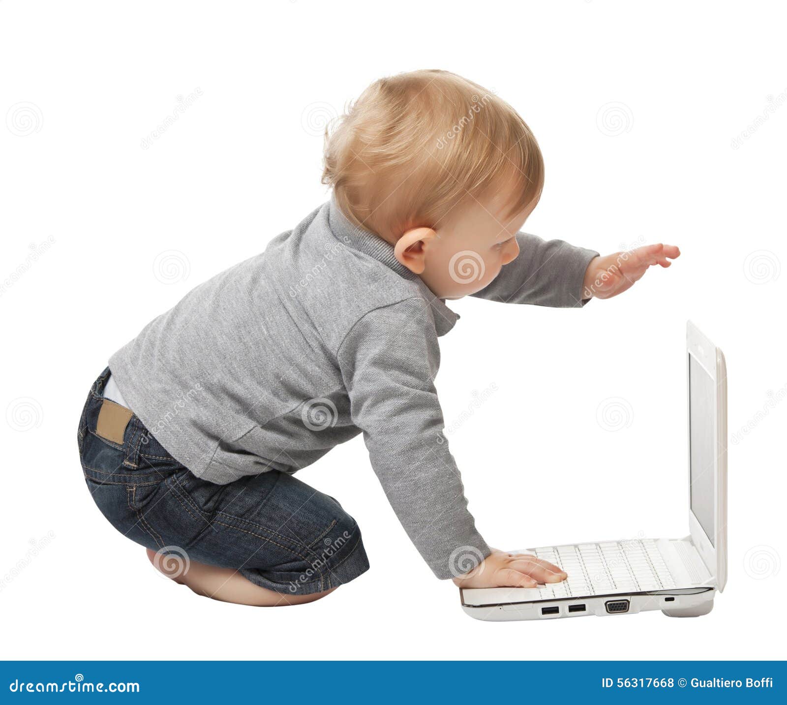Baby with pc stock photo. Image of childhood, denim, isolated - 56317668