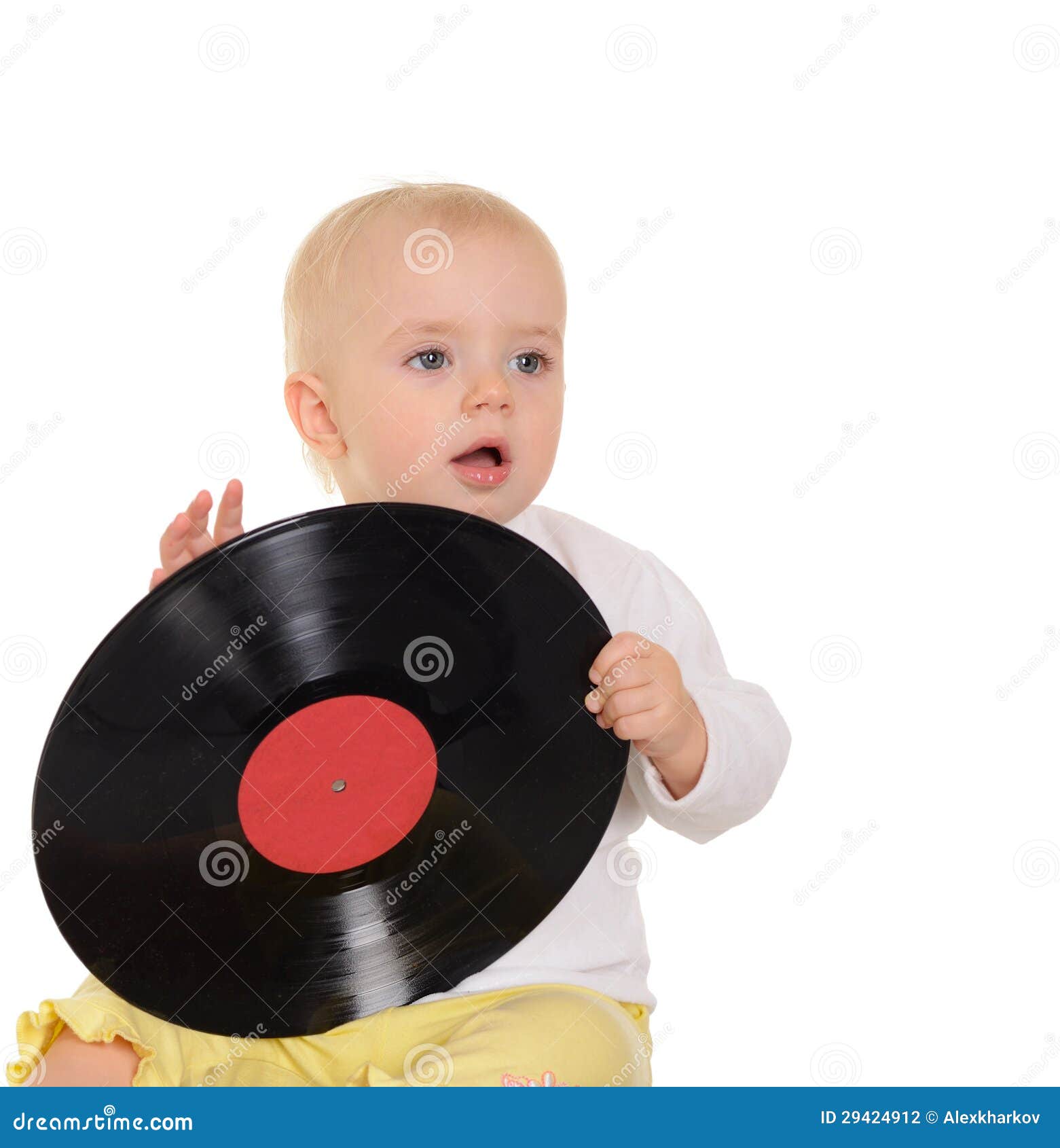 Baby Playing with Old Vinyl Record on White Background Stock Photo ...