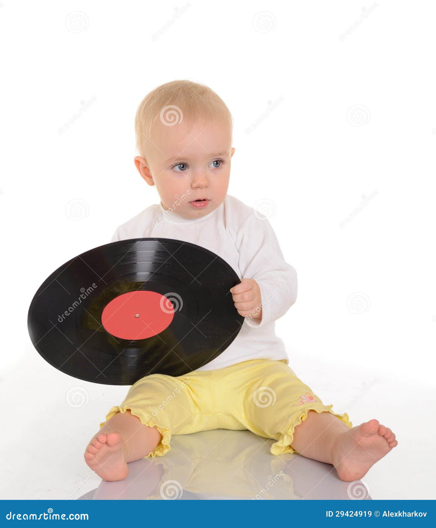 Baby Playing with Old Vinyl Record on White Background Stock Image ...