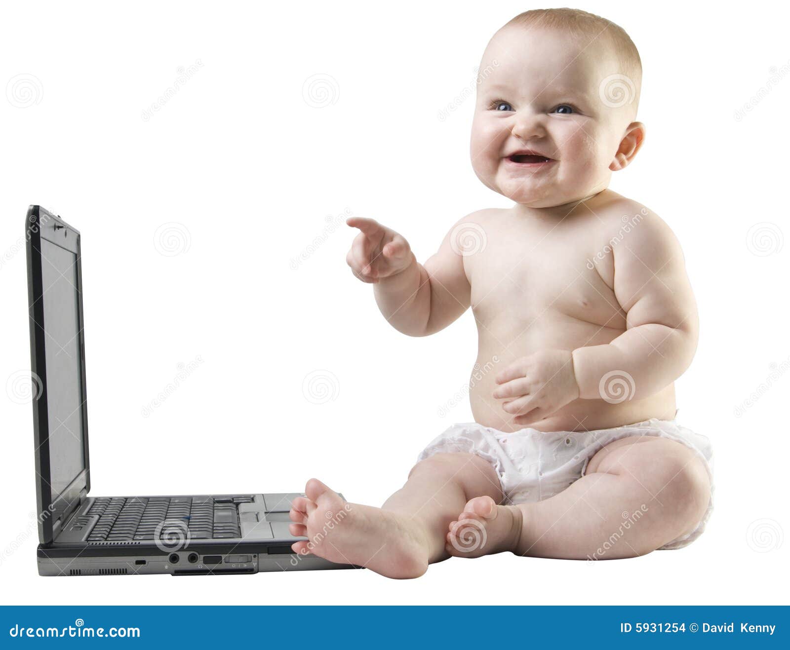 Baby Pointing and Laughing Working on Laptop. Stock Photo - Image of ...